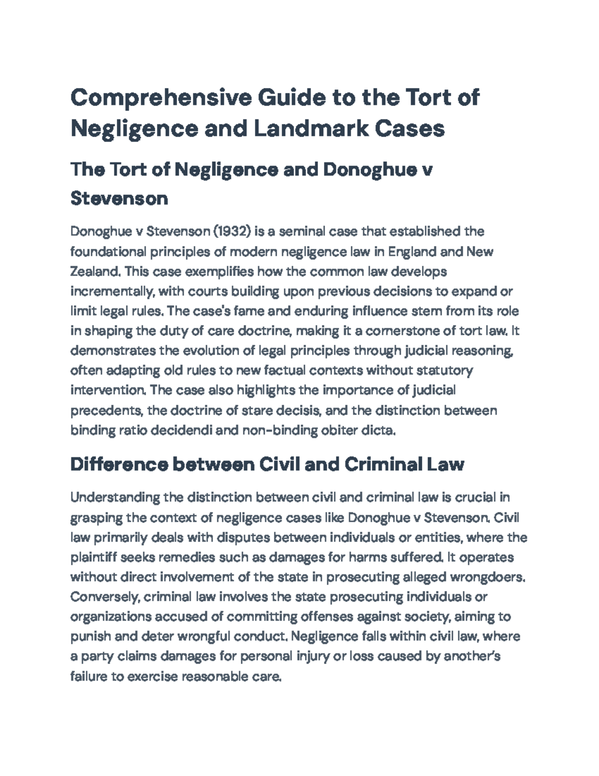 Comprehensive Guide to Tort Law: Negligence & Key Cases - Studocu