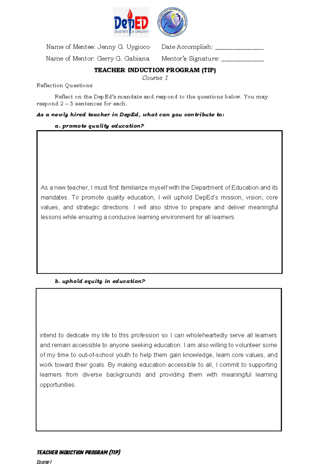 Reflection on Quality Education & Equity in TIP Course 1 - Studocu