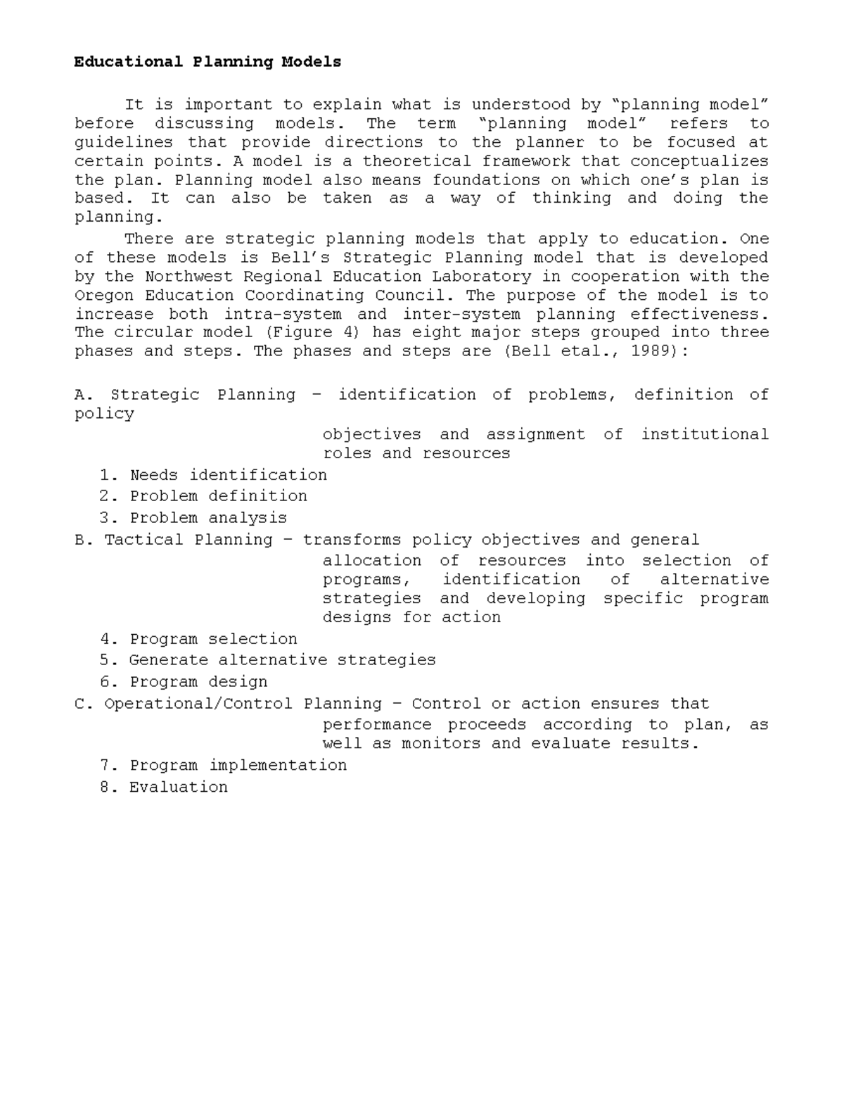 ED-Planning Models in Education: A Comprehensive Overview - Studocu