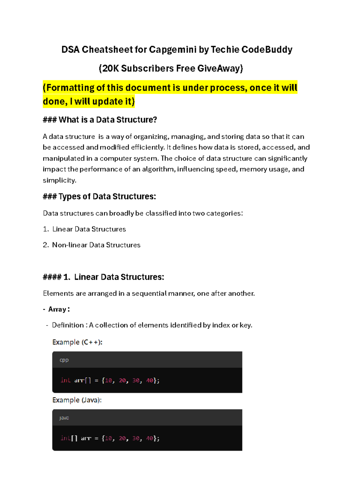 DSA Cheatsheet for Capgemini: Essential Data Structures Overview - Studocu