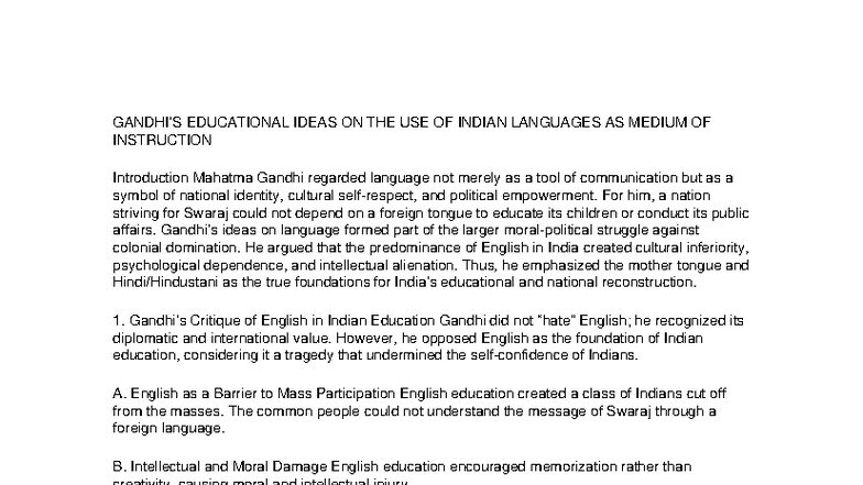 Gandhi Language Education Notes - GANDHI’S EDUCATIONAL IDEAS ON THE USE ...