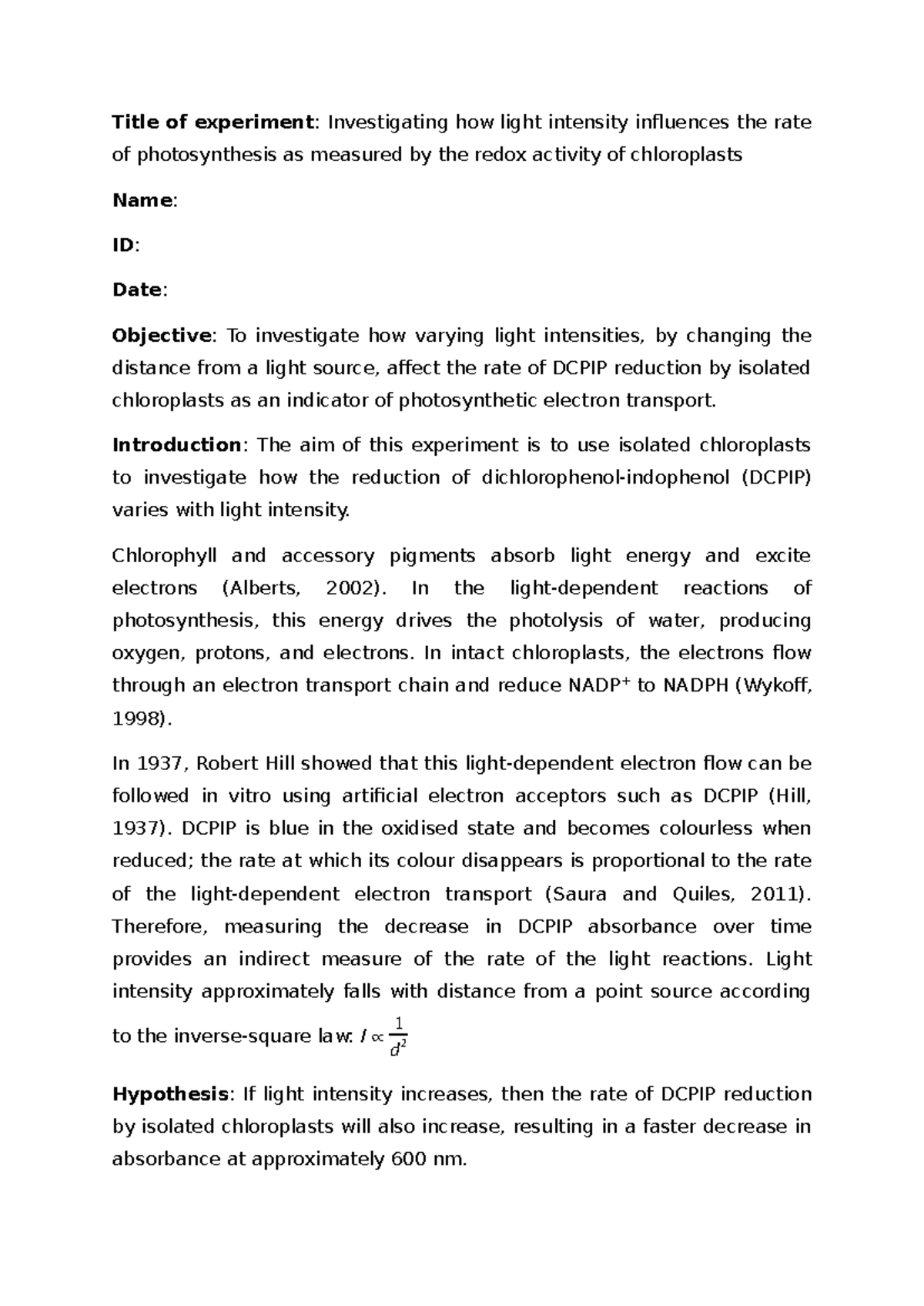 Investigating Light Intensity Effects on DCPIP Reduction in ...