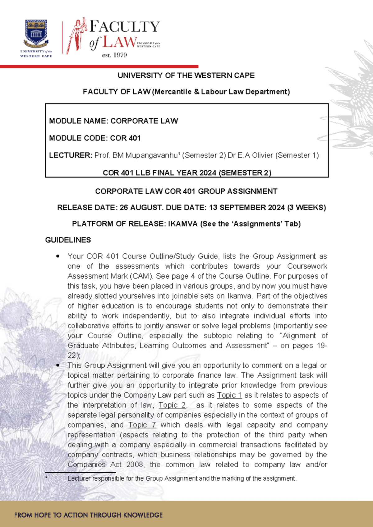 COR 401 Group Assignment: Corporate Law Insights & Judgment Analysis ...