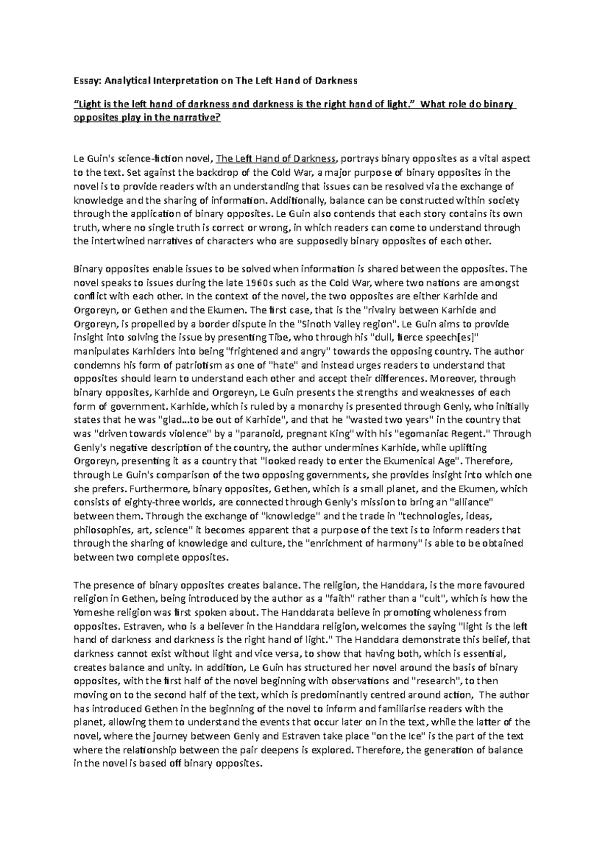 Essay: Analytical Insights on The Left Hand of Darkness - Studocu