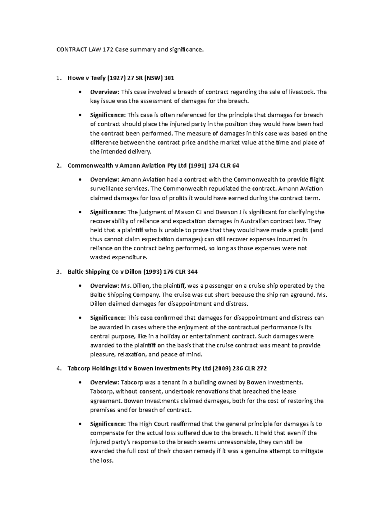 Contract LAW 172 Case Summaries & Their Legal Significance - Studocu