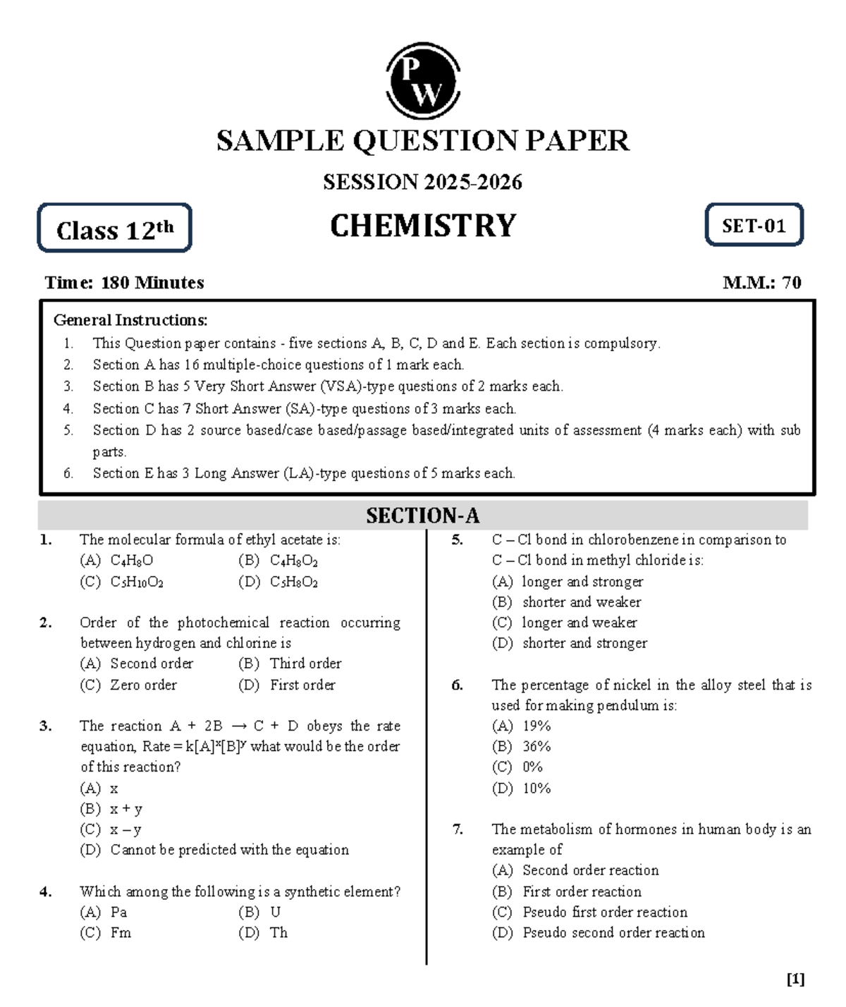 Class 12th Chemistry Sample Question Paper (Session) - Studocu