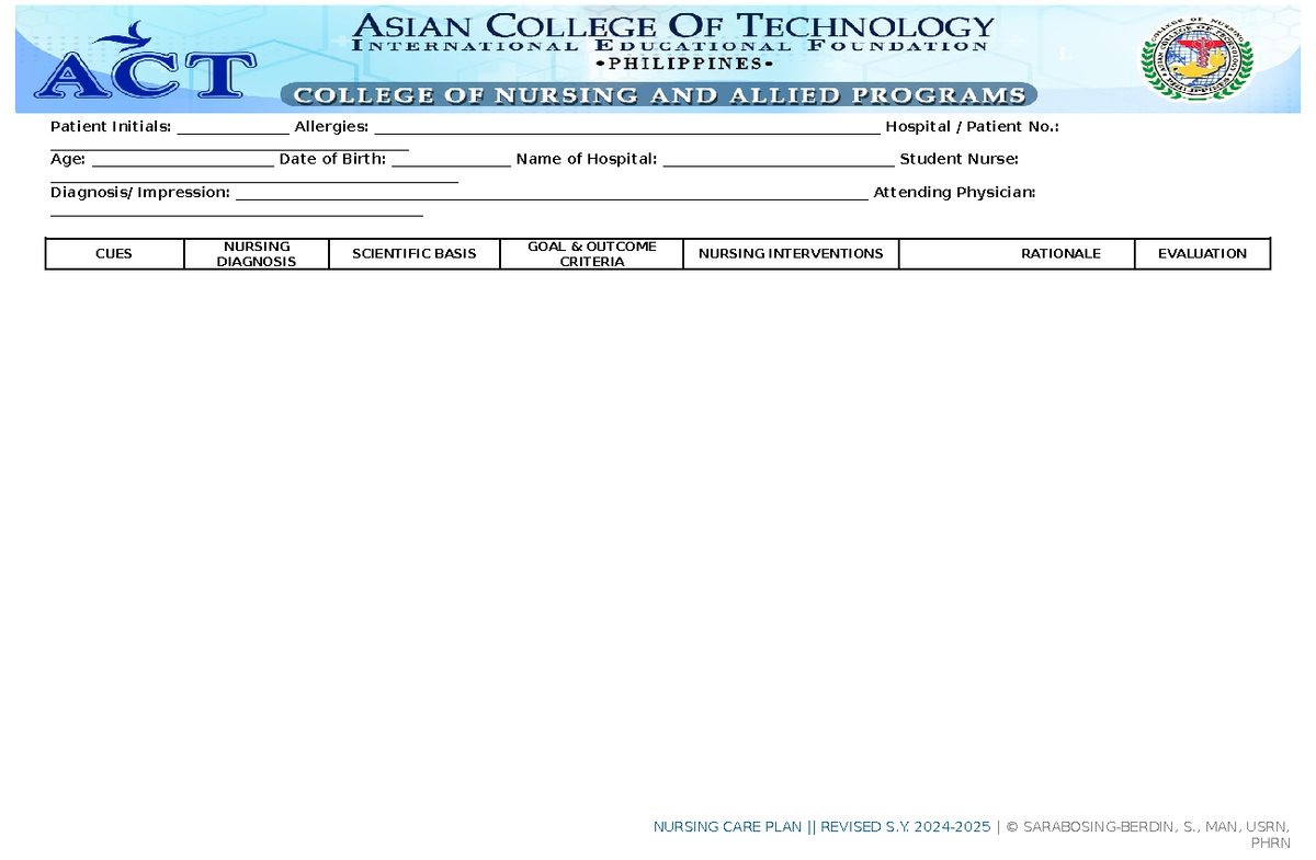 NCP Format - Official - NCP - NURSING CARE PLAN || REVISED S. 2024-2025 ...