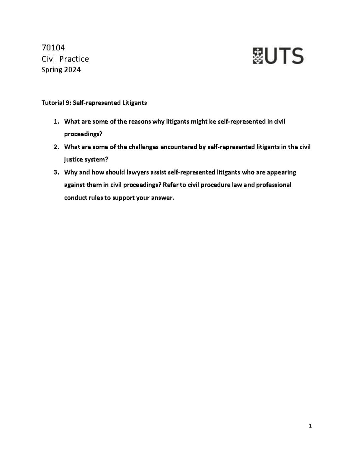 2024 Spring CP Tutorial 9 Self-represented Litigants - 1 70104 Civil ...