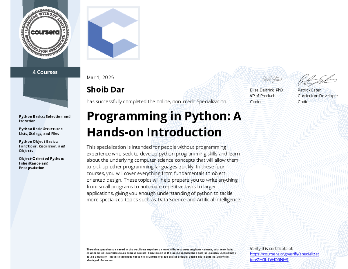 Shoib 1 - coursera - 4 Courses Python Basics: Selection and Iteration Python Basic Structures ...