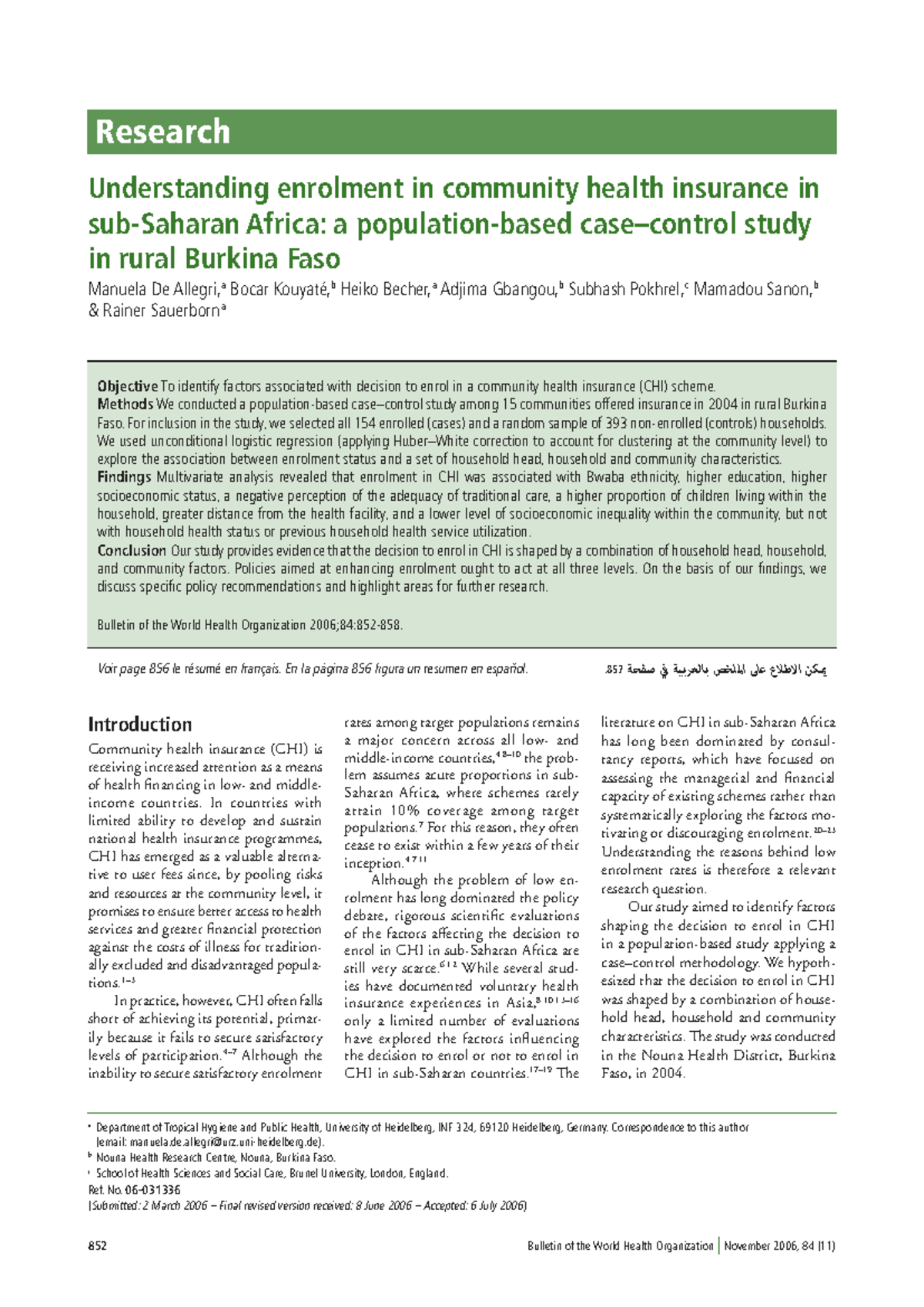 Factors Influencing Community Health Insurance Enrollment in Burkina ...