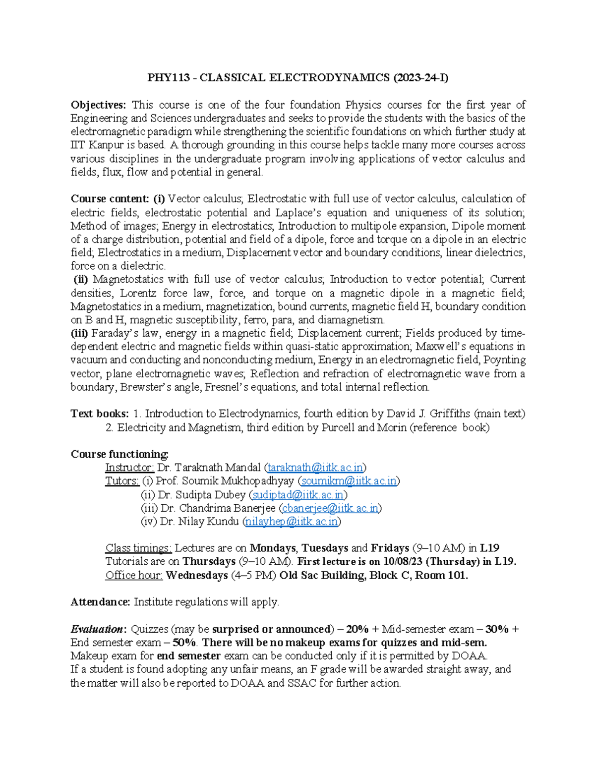 PHY113 FCH - Classical Electrodynamics Course Overview and Details ...