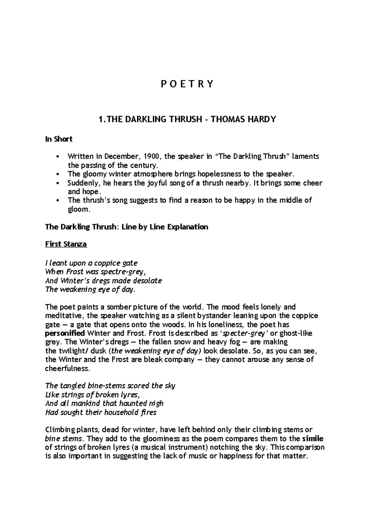 English II XII Poetry Notes: Analysis of "The Darkling Thrush" and ...