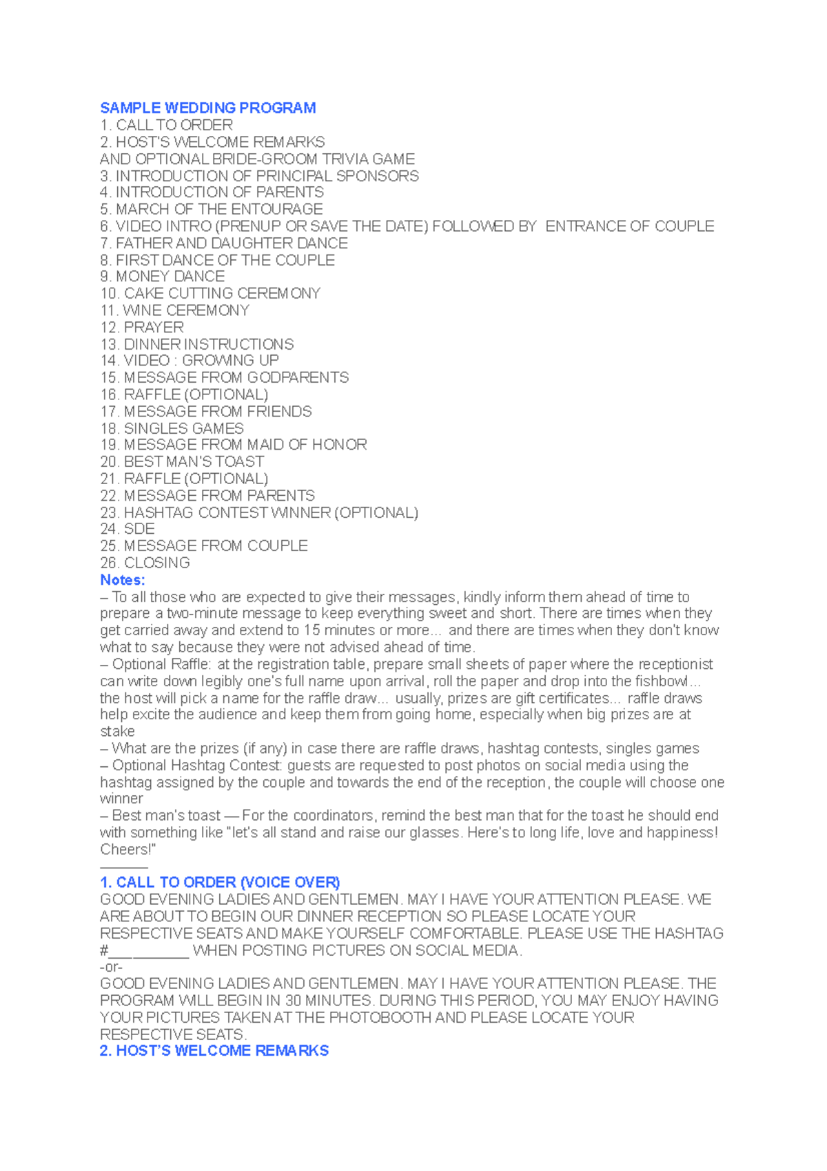 Wedding ceremony script - SAMPLE WEDDING PROGRAM 1. CALL TO ORDER 2 ...