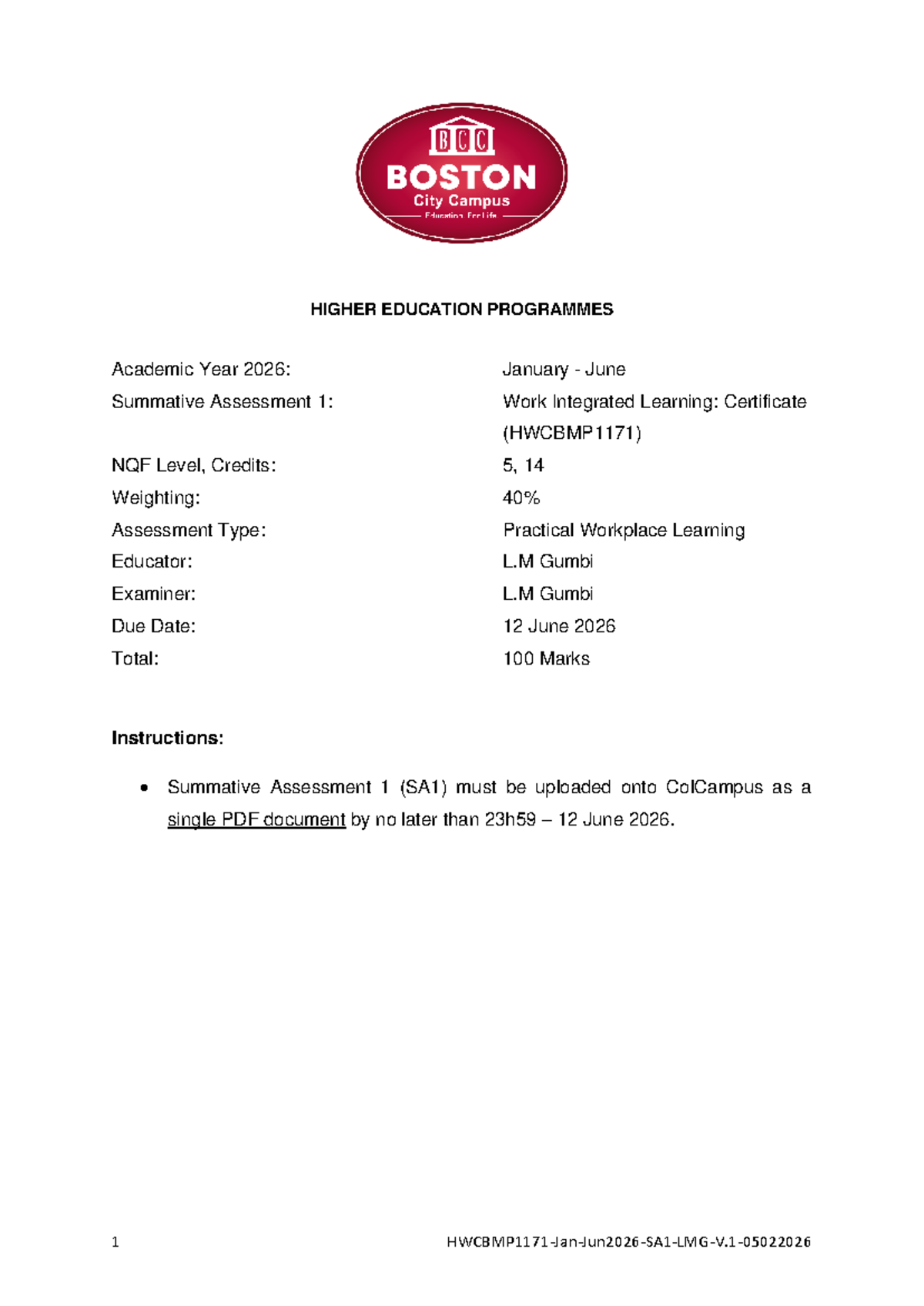 HWCBMP1171: Jan-Jun 2026 Summative Assessment 1 - Practical Workplace ...