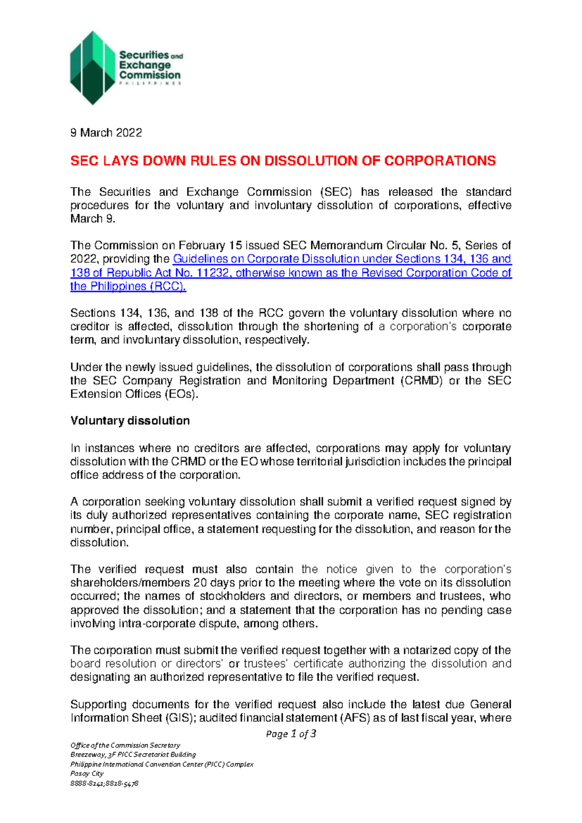 SEC Guidelines on Corporate Dissolution: Rules and Procedures - Studocu