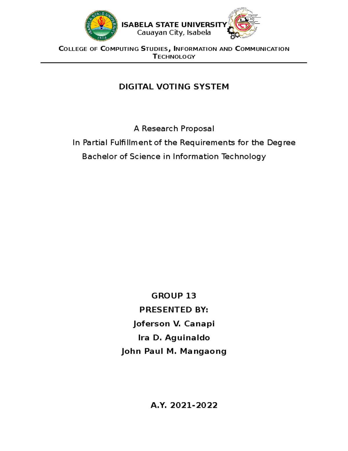 Digital Voting System Proposal for BSIT - Group 13 Thesis - Studocu