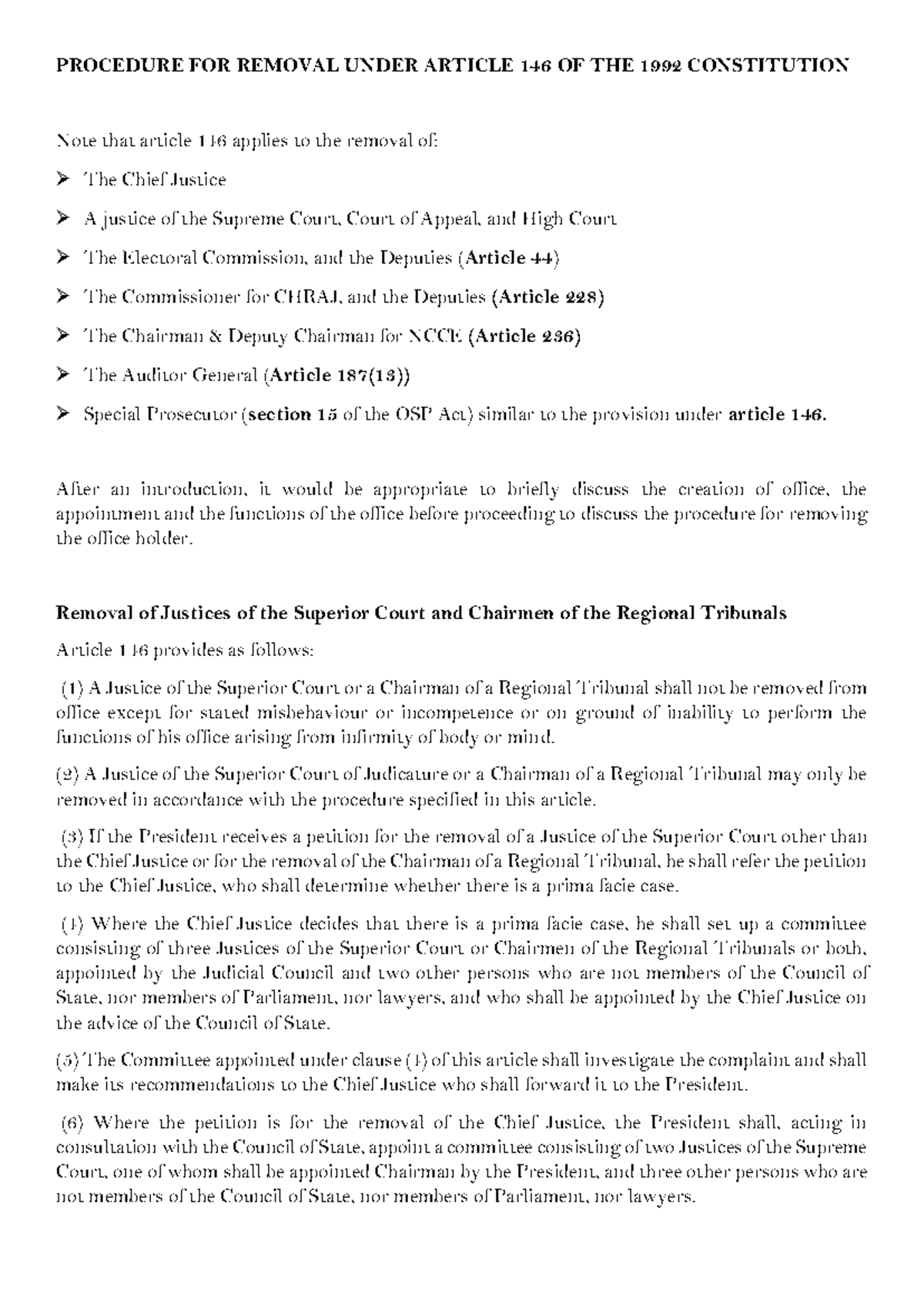 Procedure for Removal of Public Officers Under Article 146 of the 1992 ...