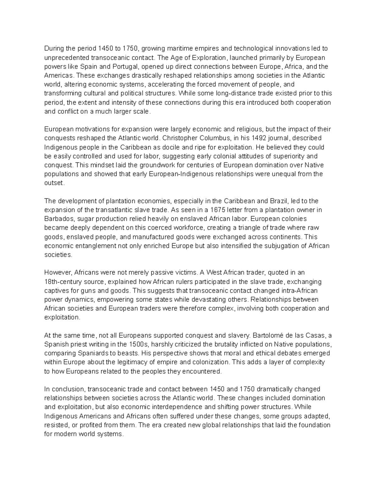 Unit 4 DBQ: Transoceanic Contact and Its Impact (1450-1750) - Studocu