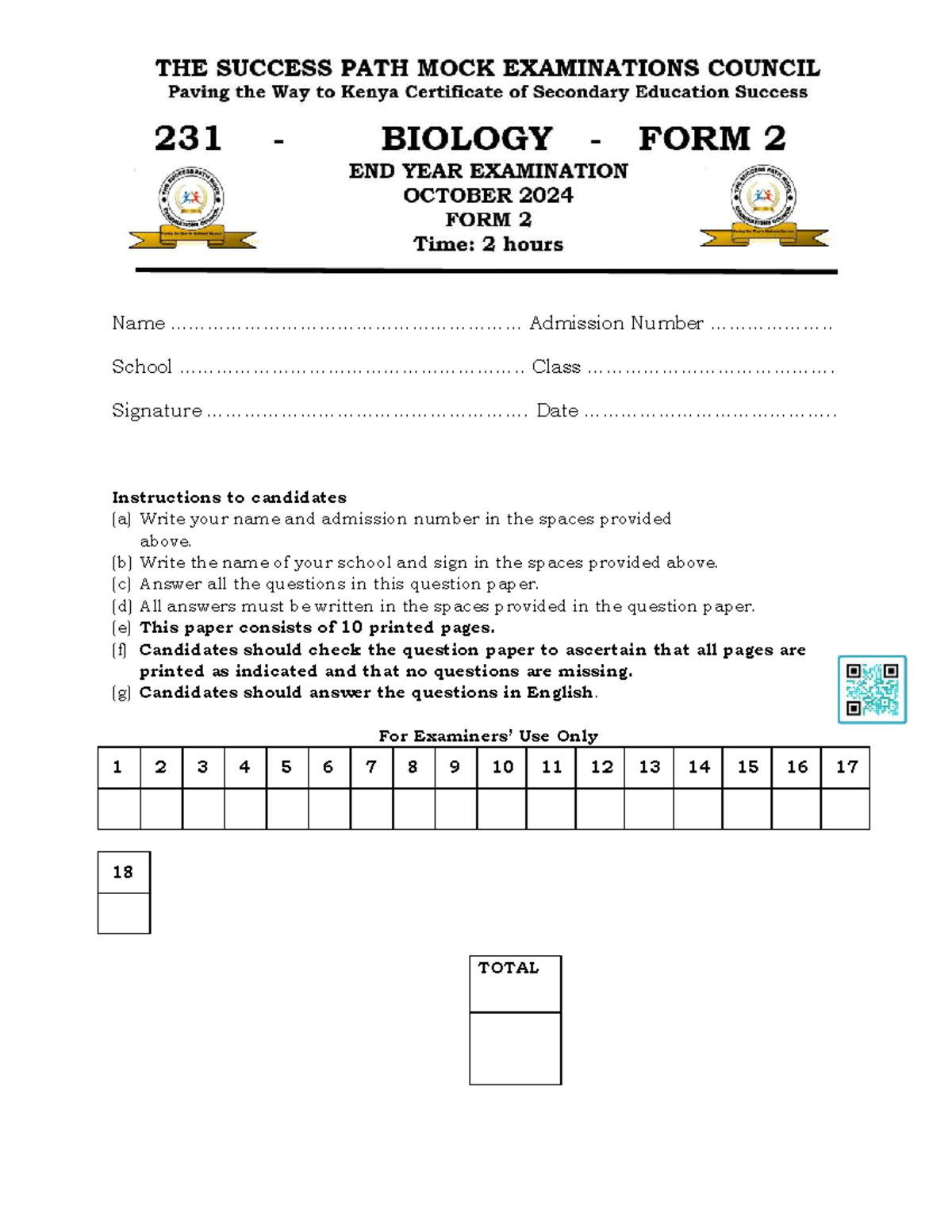 Biology FORM 2 End of Year Exam Questions - Mock Exam 231 - Studocu