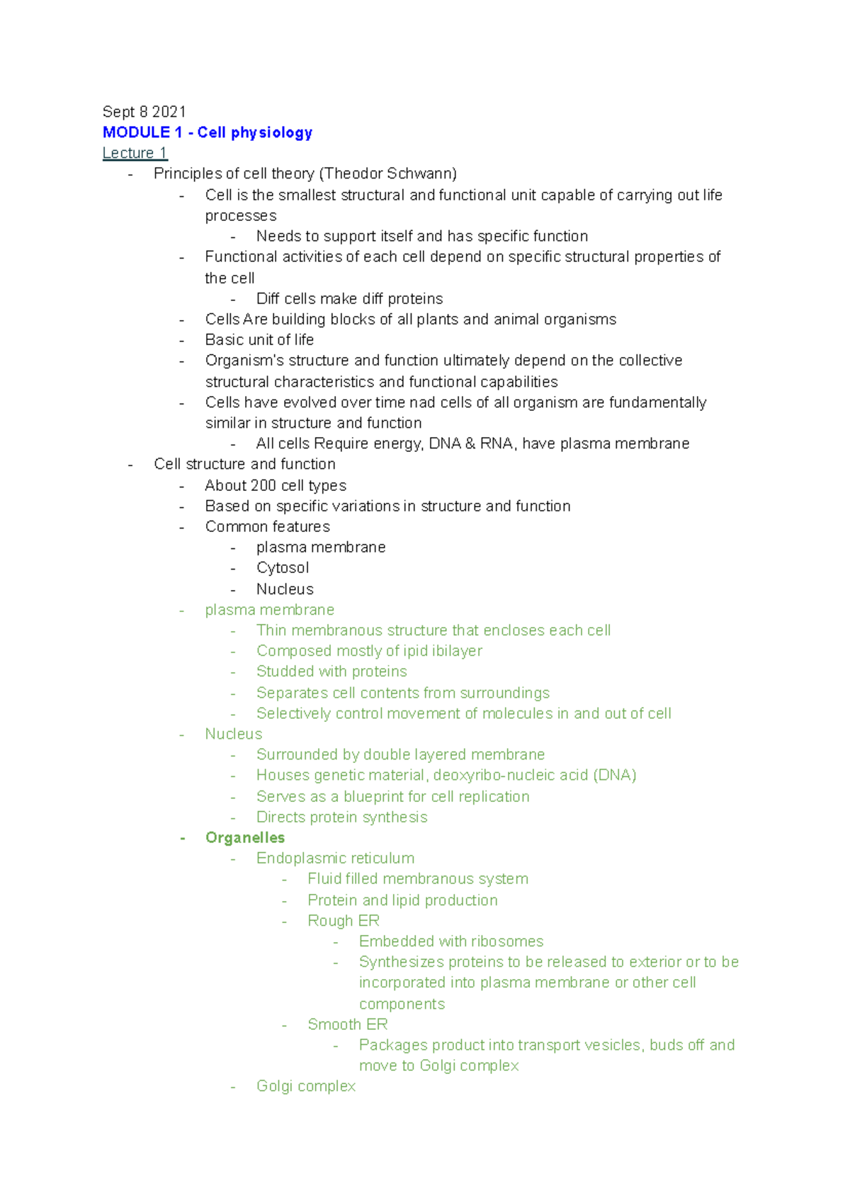 KINE 2011 Lecture notes - Sept 8 2021 MODULE 1 - Cell physiology ...