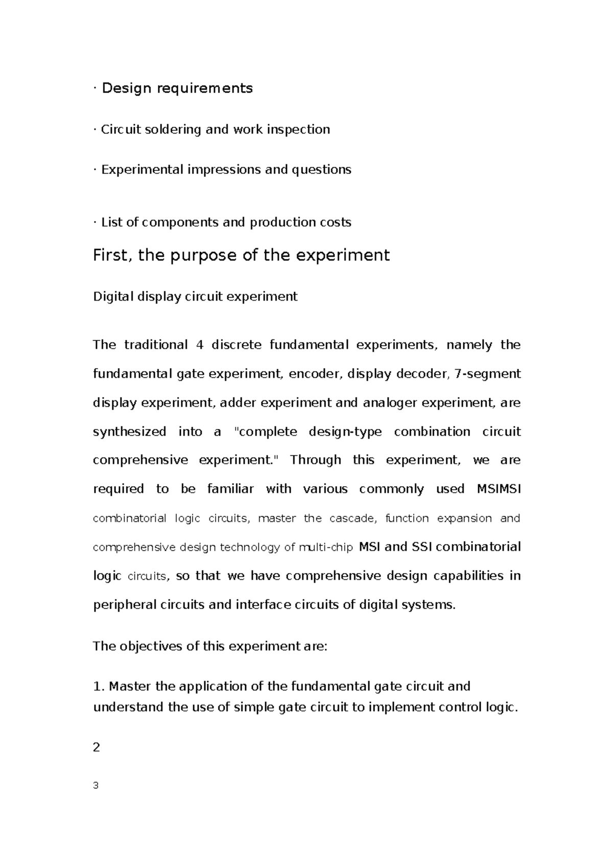 Digital display circuit experiment - · Design requirements · Circuit ...