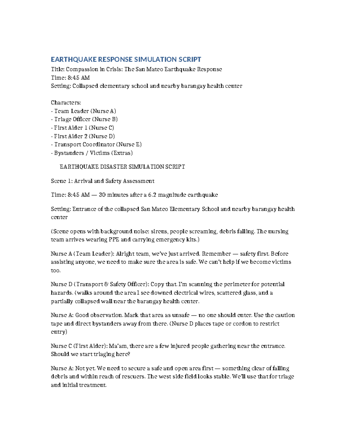 Earthquake Response Simulation Script: Compassion in Crisis - Studocu