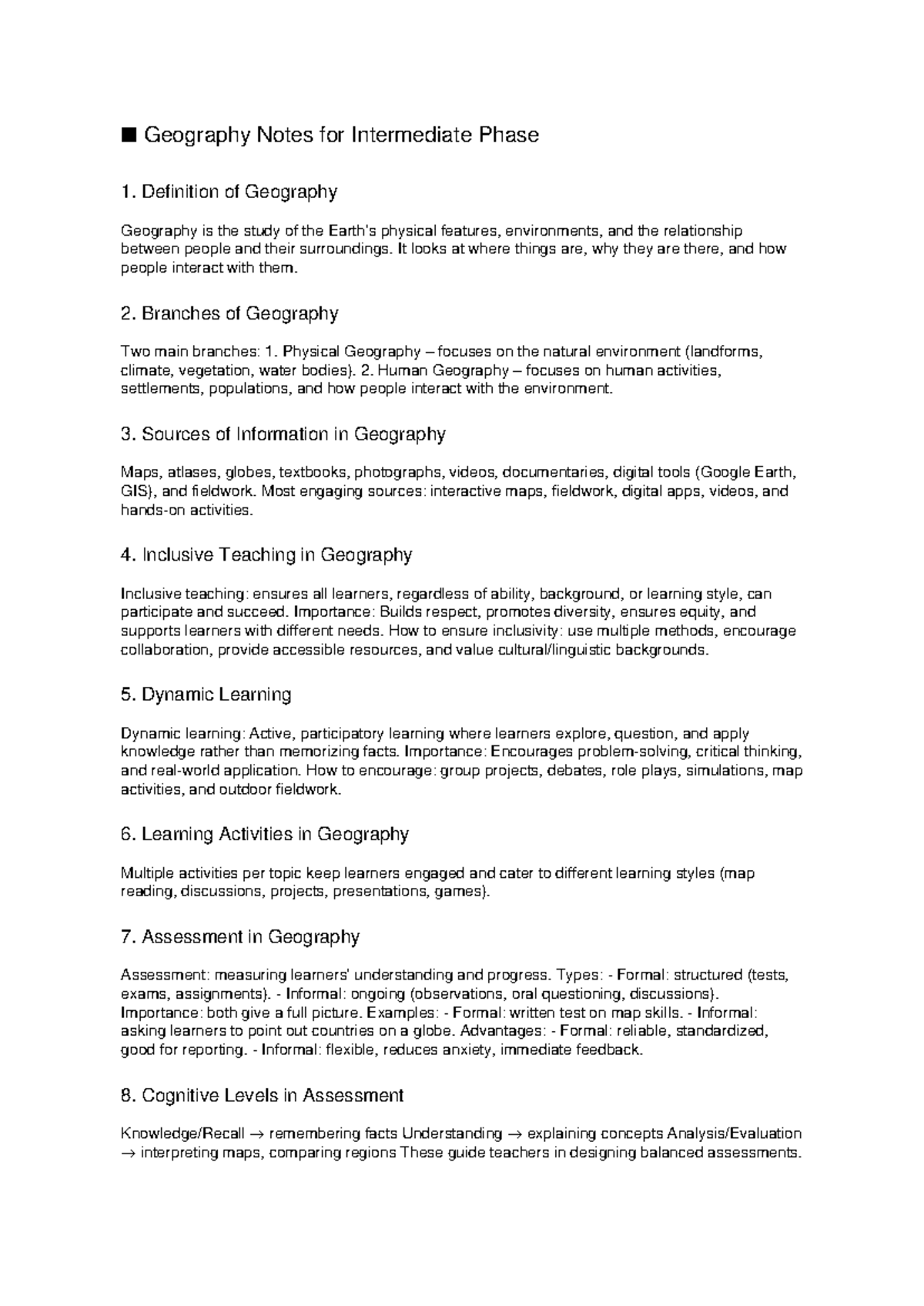 Geography Notes for Intermediate Phase 1: Key Concepts & Teaching ...