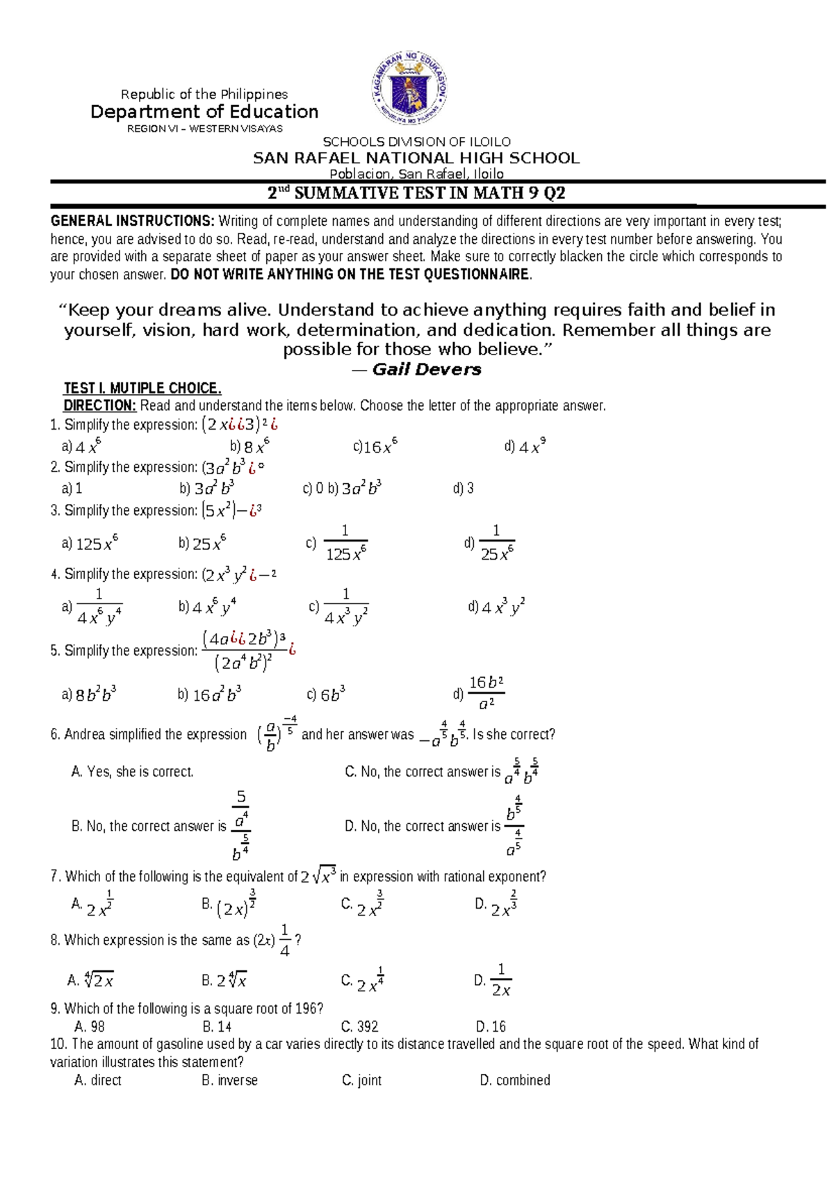 2nd Summative Test in Math 9 (Q2) - Iloilo National High School - Studocu