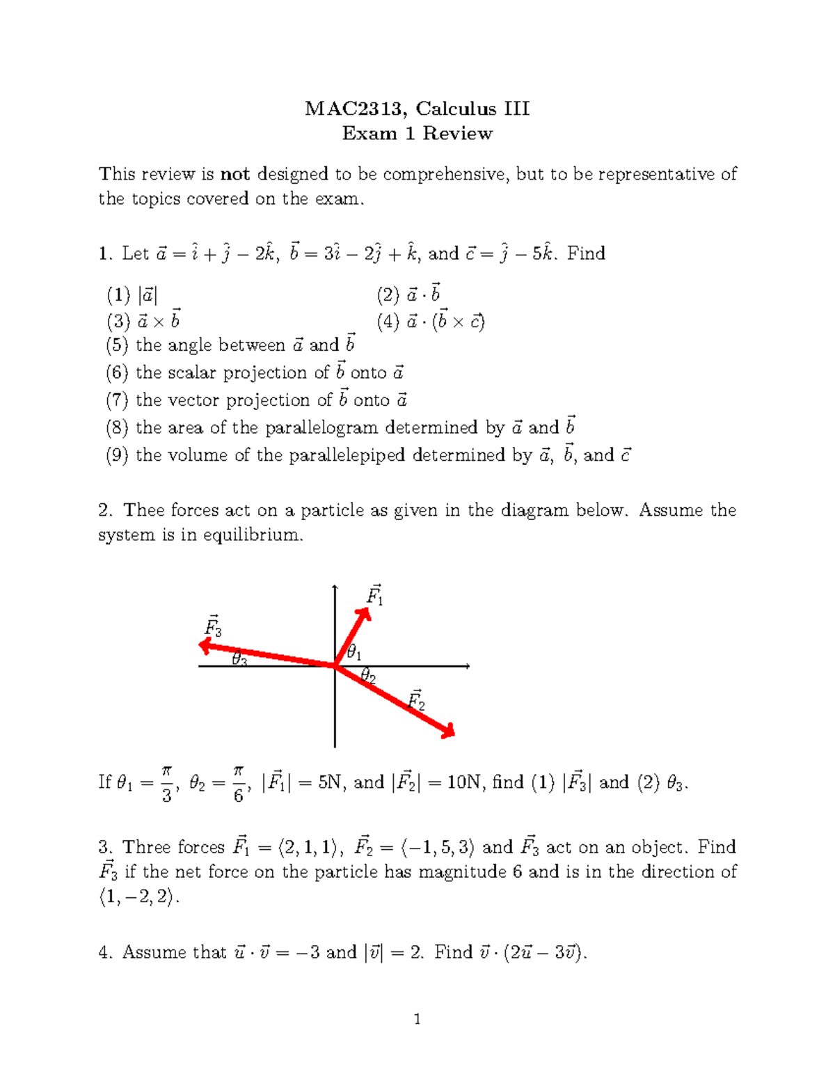 MAC2313 Calculus III Exam 1 Review: Key Topics and Practice Problems ...