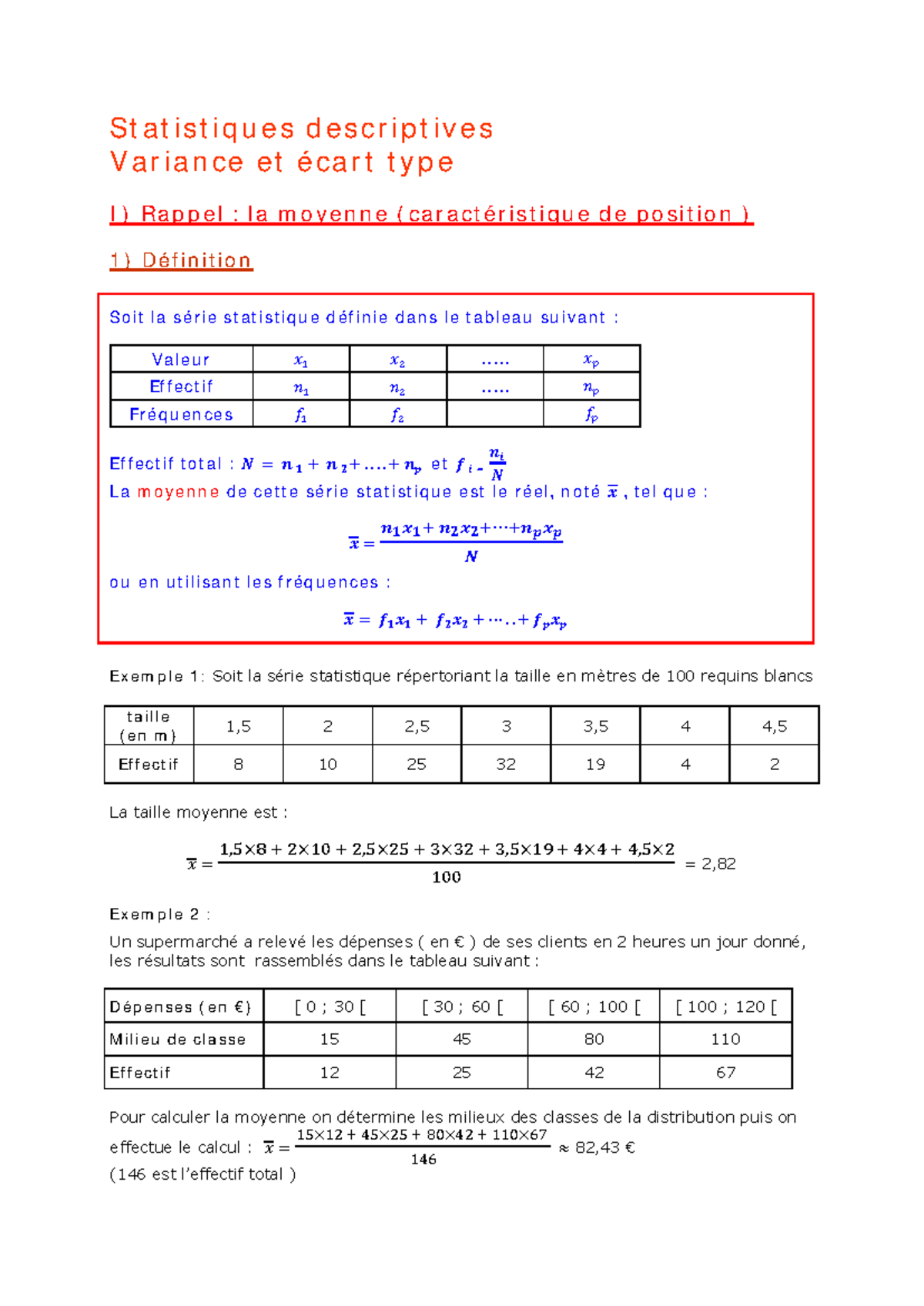 Statistiques Descriptives : Moyenne, Variance et Écart Type 1re ES ...