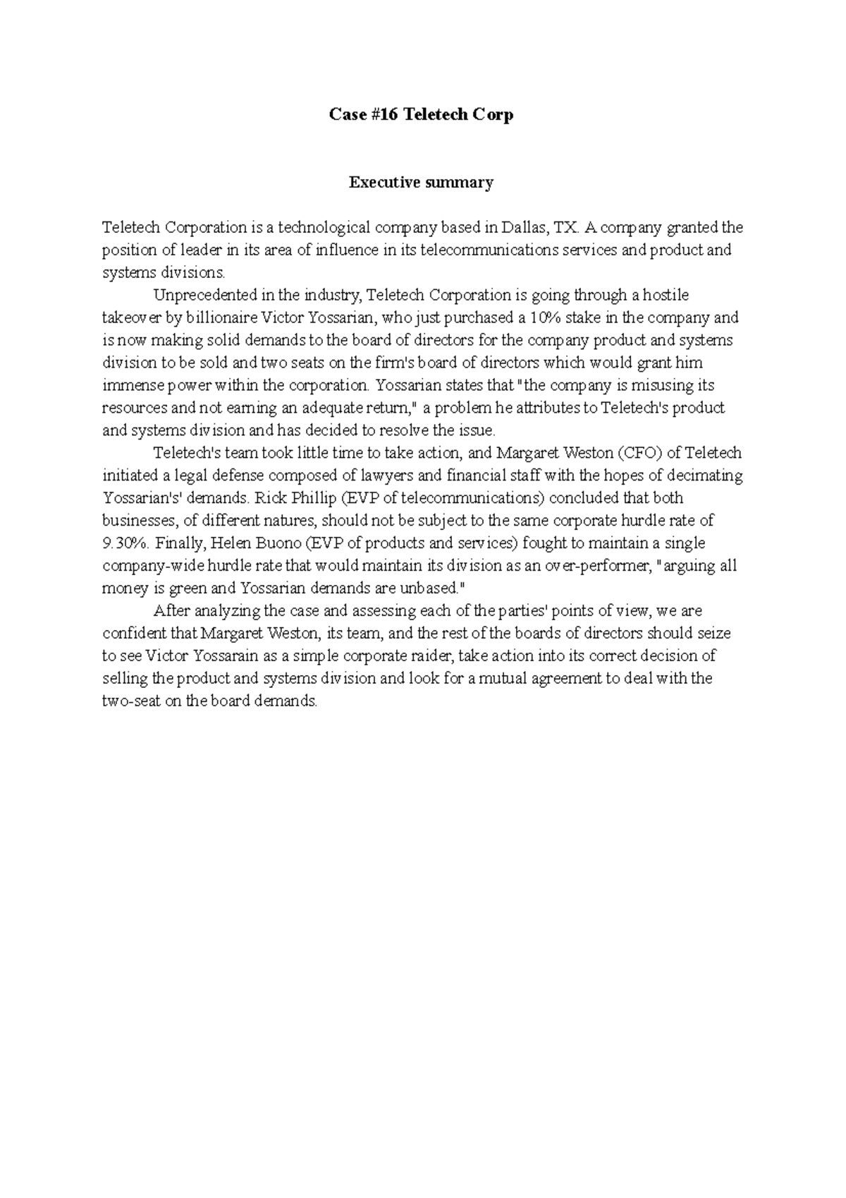 Teletech Corp Case Study #16: Evaluating Hostile Takeover Strategies - Studocu