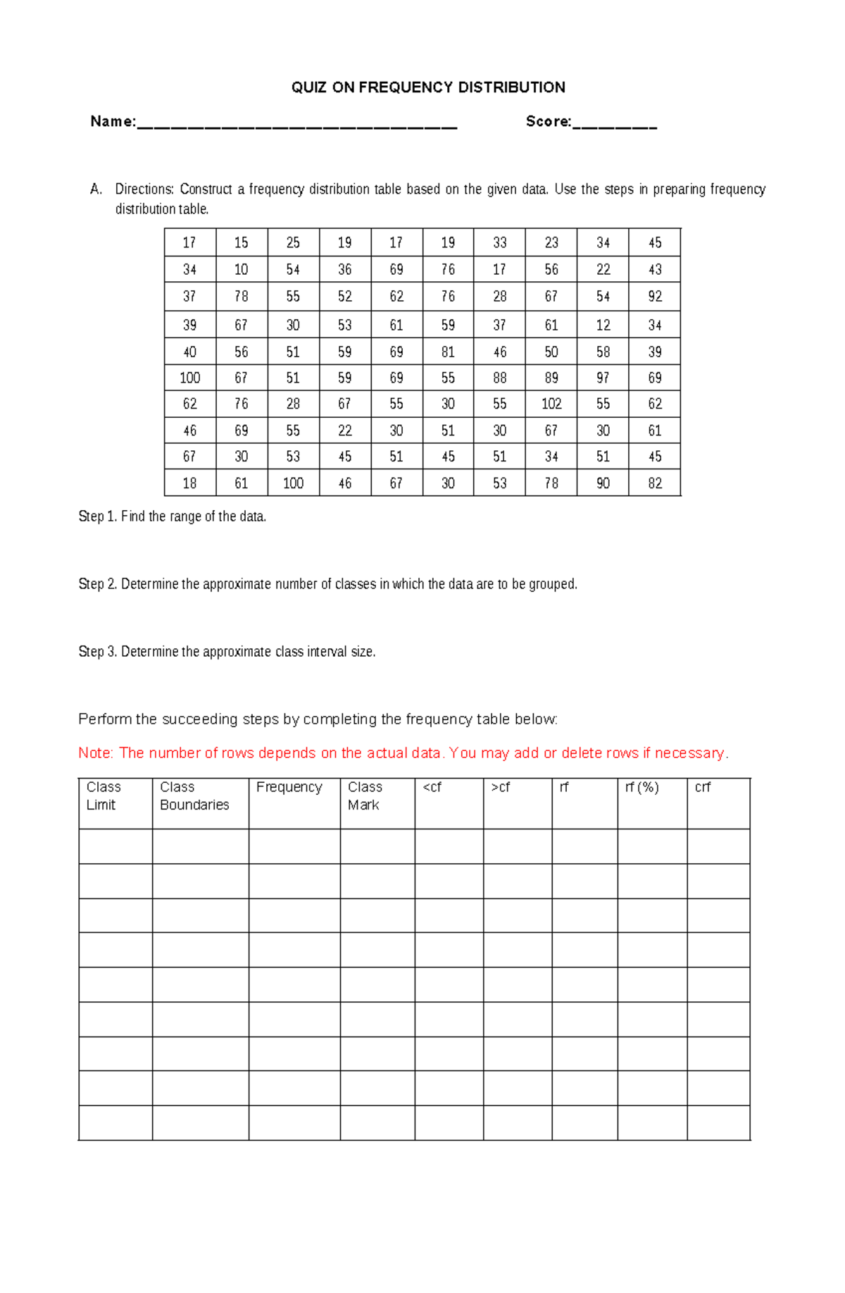 QUIZ ON FREQUENCY DISTRIBUTION (Module 2) - Studocu