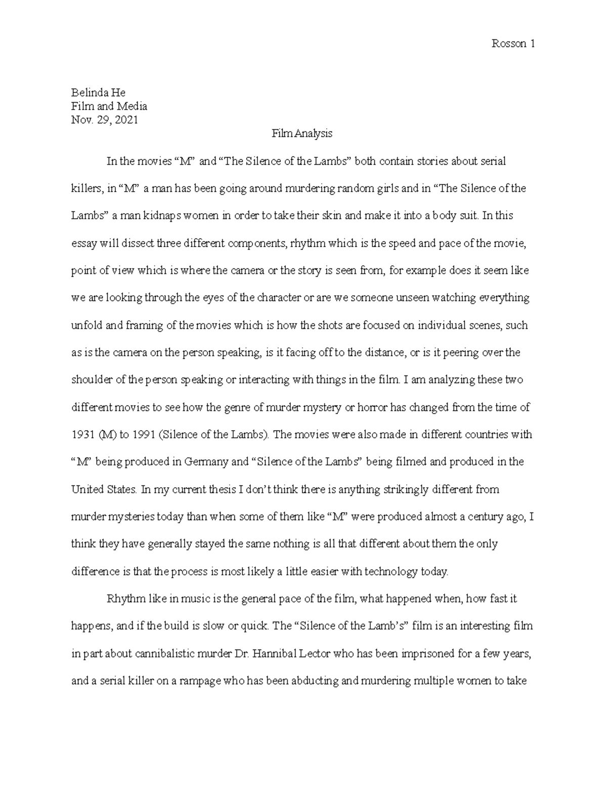 Film Analysis - Film essay scored full mark. - Belinda He Film and ...