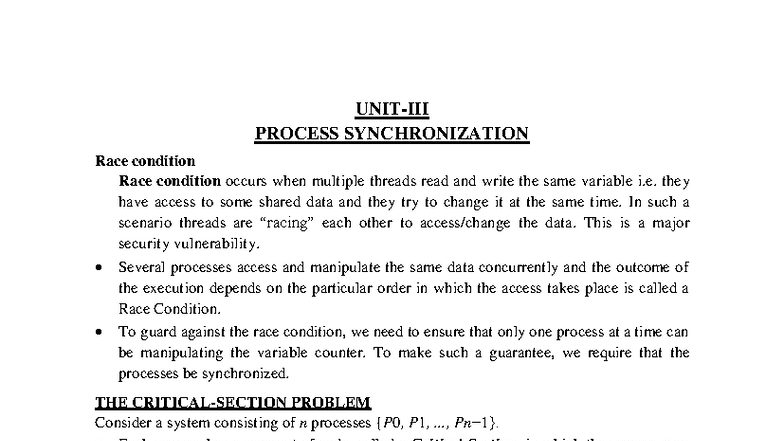MCA OS-Unit-3: Process Synchronization and Deadlock Management - Studocu