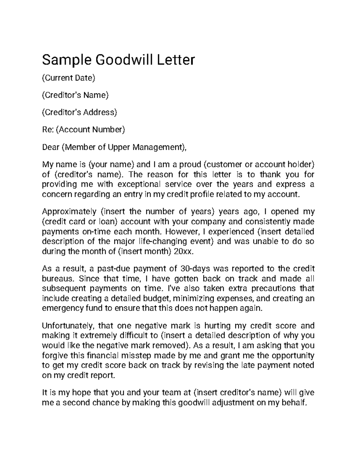 Goodwill Letter Template for Credit Adjustment (15) - Studocu