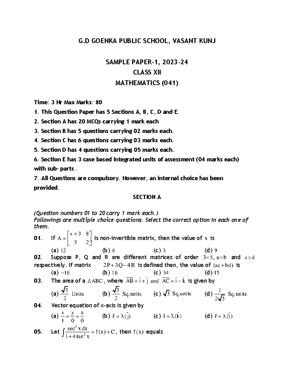 CLass 12 Maths Sample paper-1 - G GOENKA PUBLIC SCHOOL, VASANT KUNJ ...