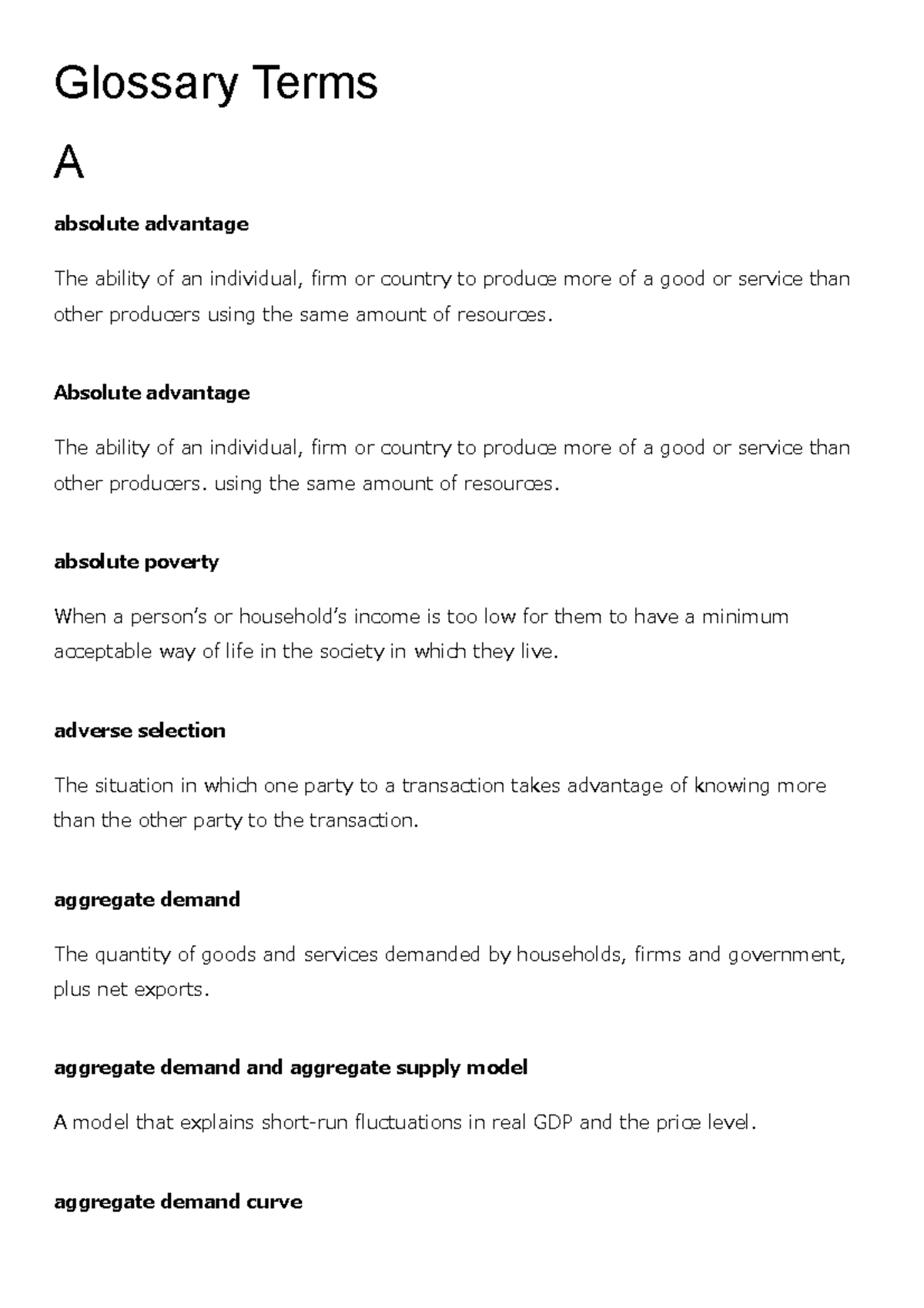 Glossary of Economic Terms for Course ECON 101 - Studocu