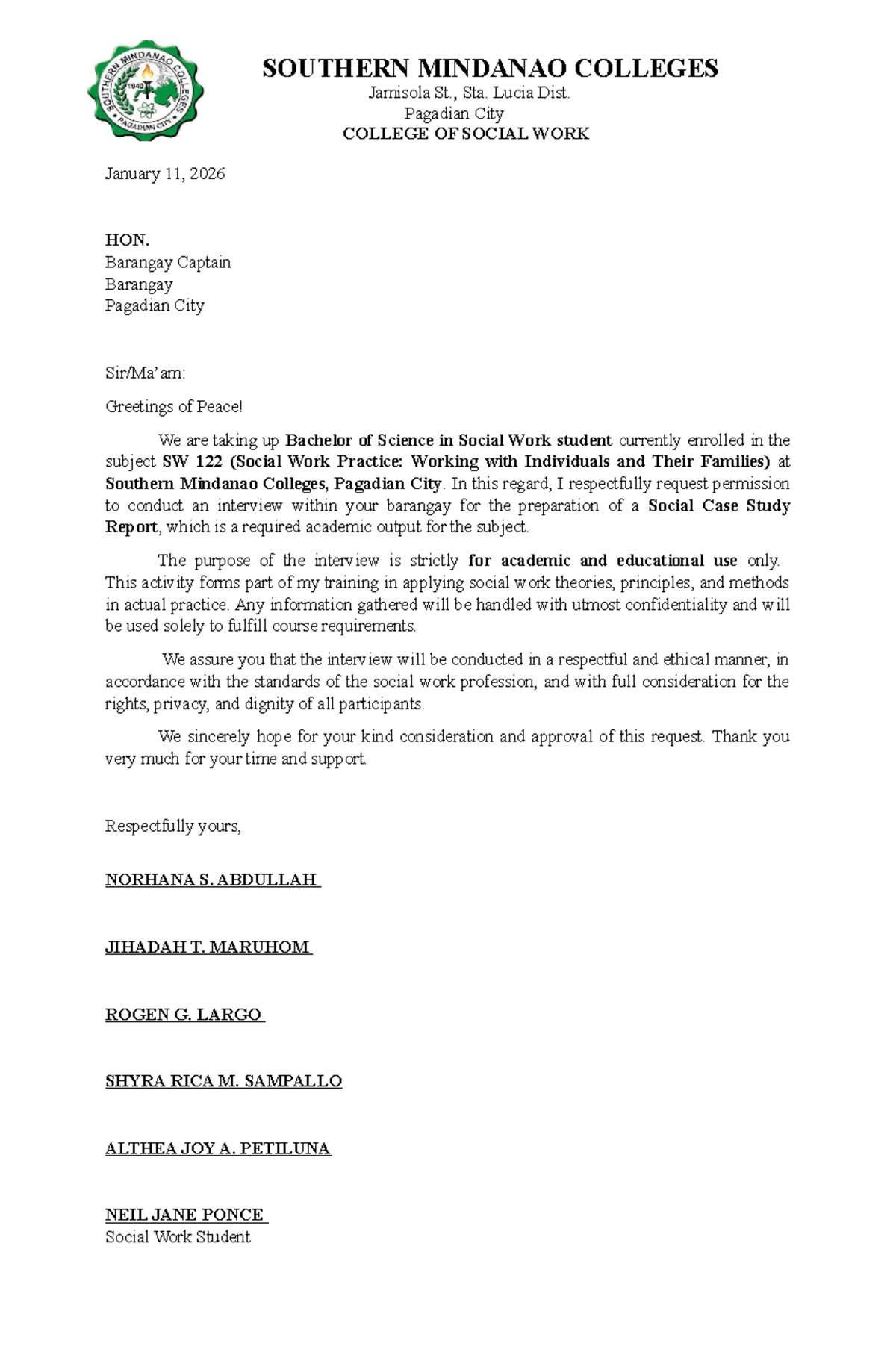 SW 122: Request for Interview Permission for Case Study - Studocu