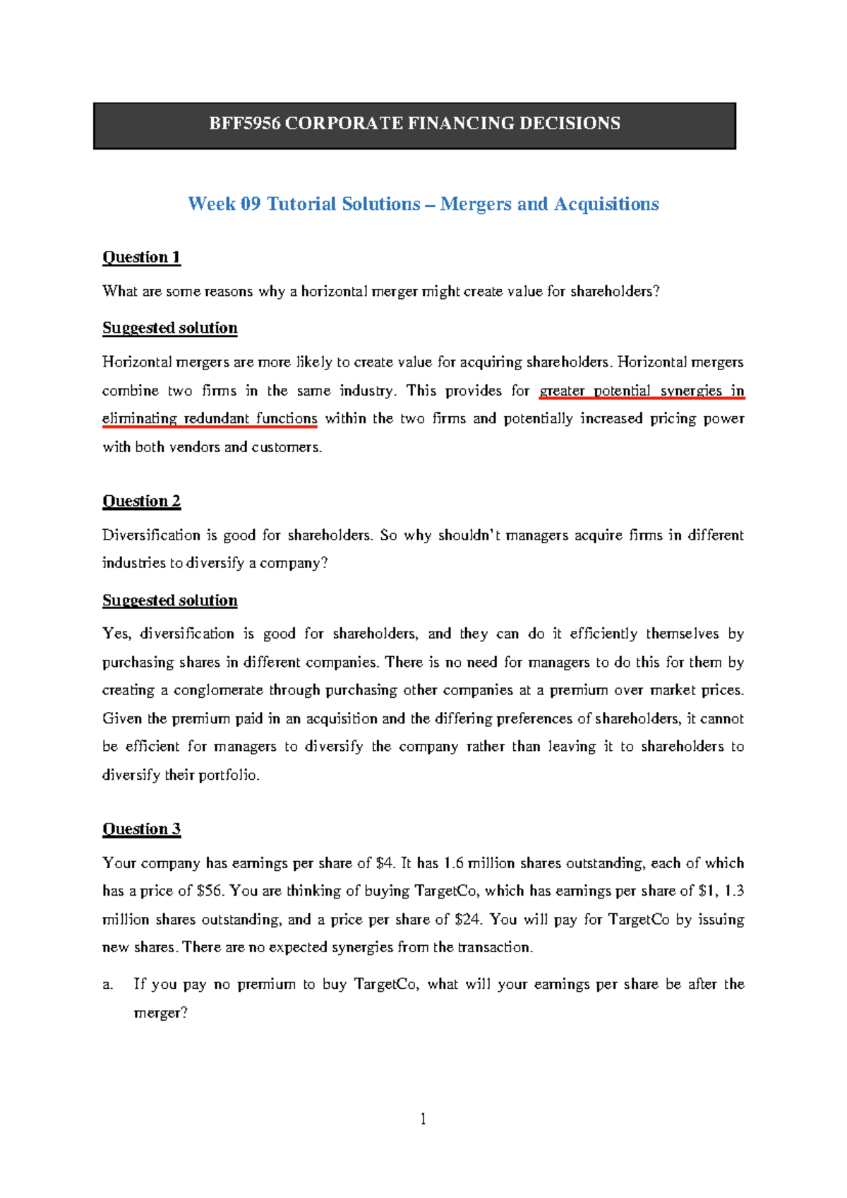 BFF5956 Week 9 Tutorial Solutions on Mergers and Acquisitions - Studocu