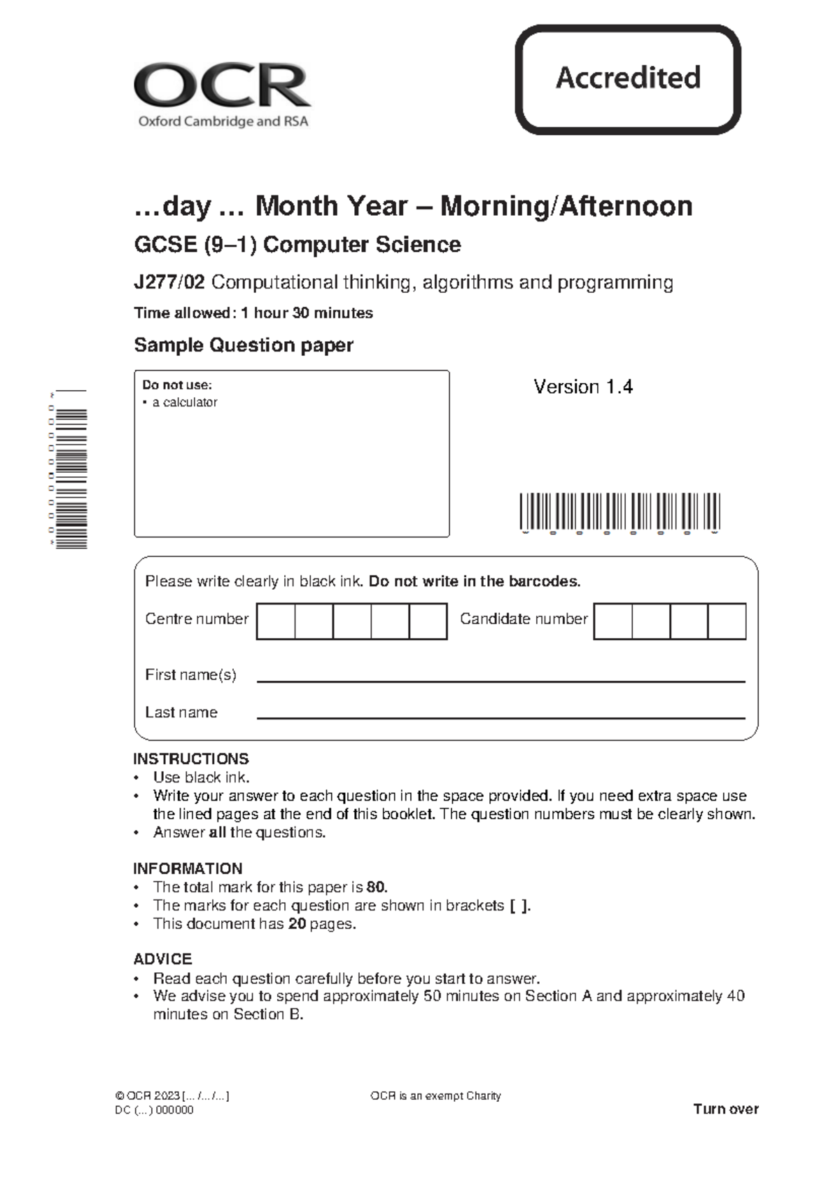 J277/02 GCSE Computer Science: Computational Thinking Exam Paper - Studocu