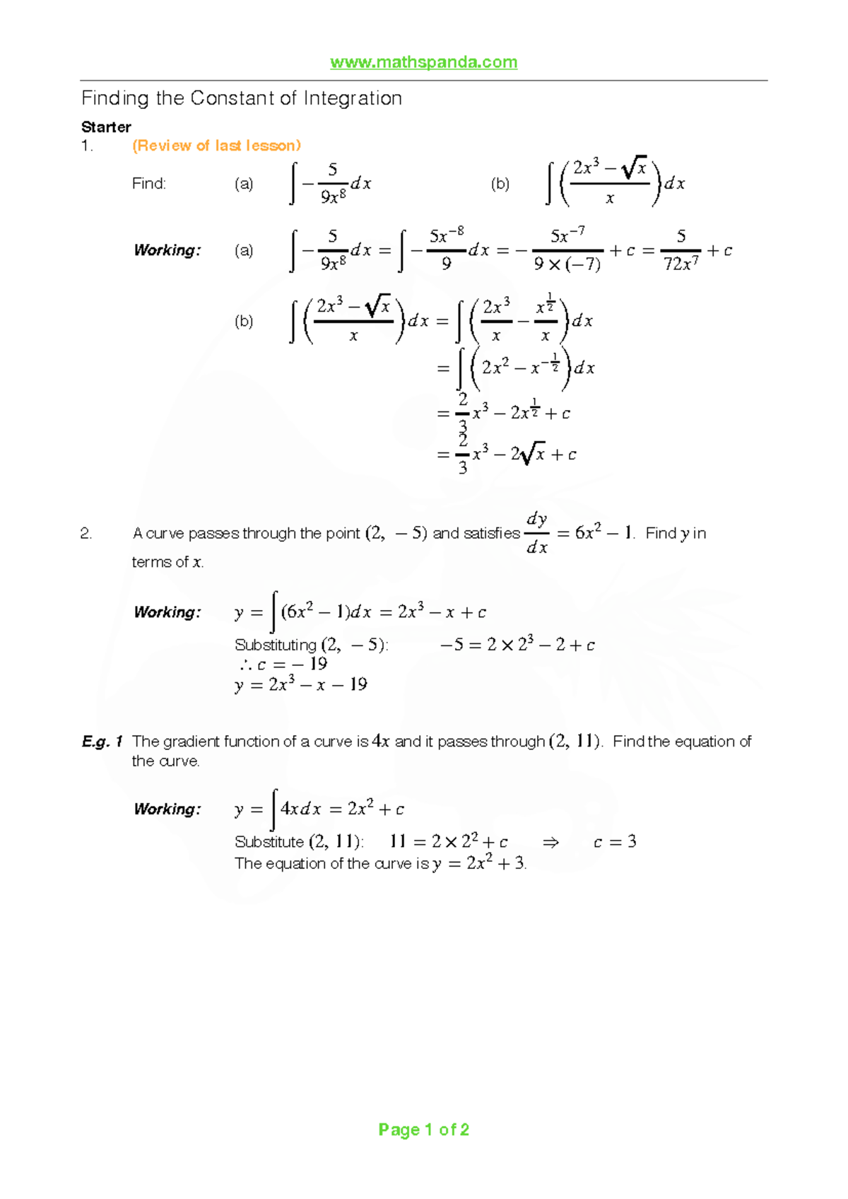 Finding the Constant of Integration - Lesson Notes - Studocu