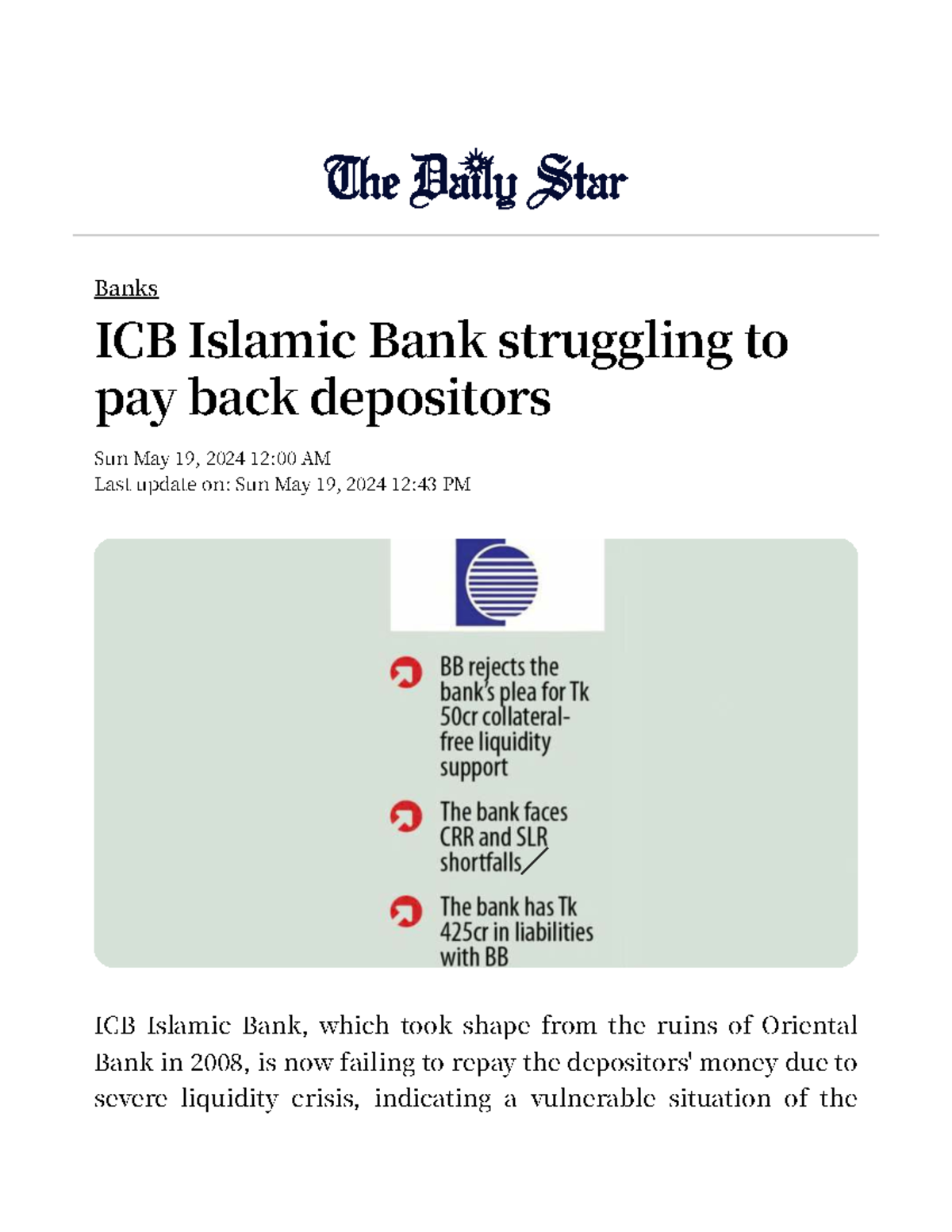 ICB Islamic Bank Liquidity Crisis: Struggles to Repay Depositors - Studocu