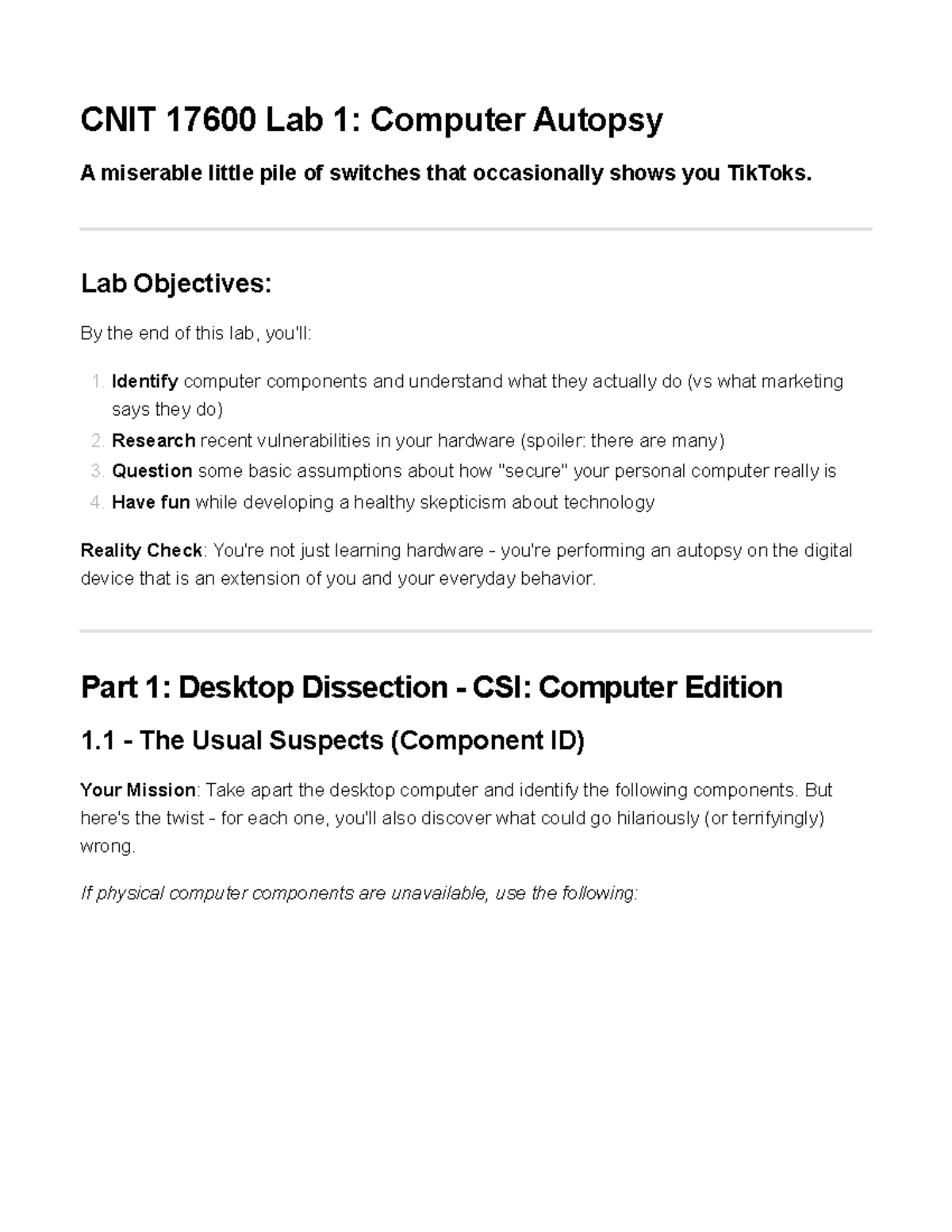 CNIT 17600 Lab 1: Exploring Computer Components & Vulnerabilities - Studocu