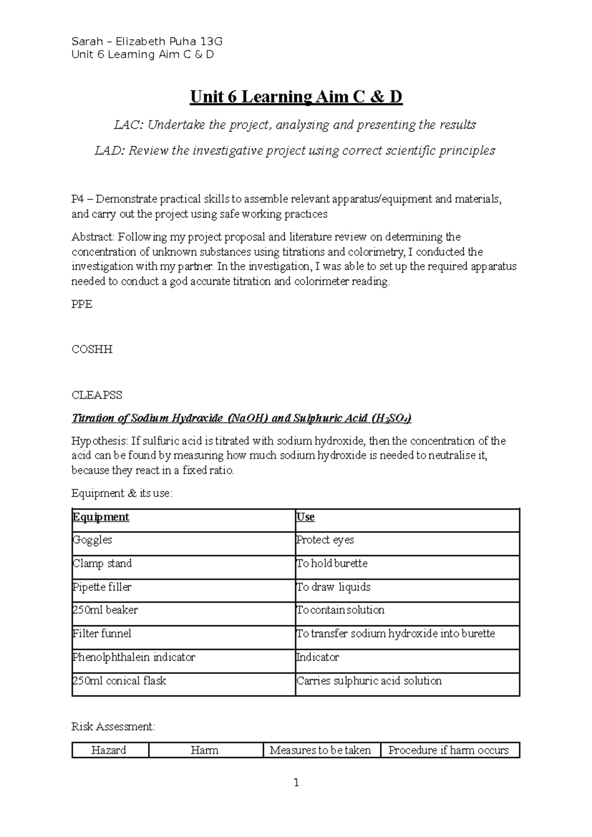 Unit 6 Learning Aim C & D: Titration and Colorimetry Project Report ...