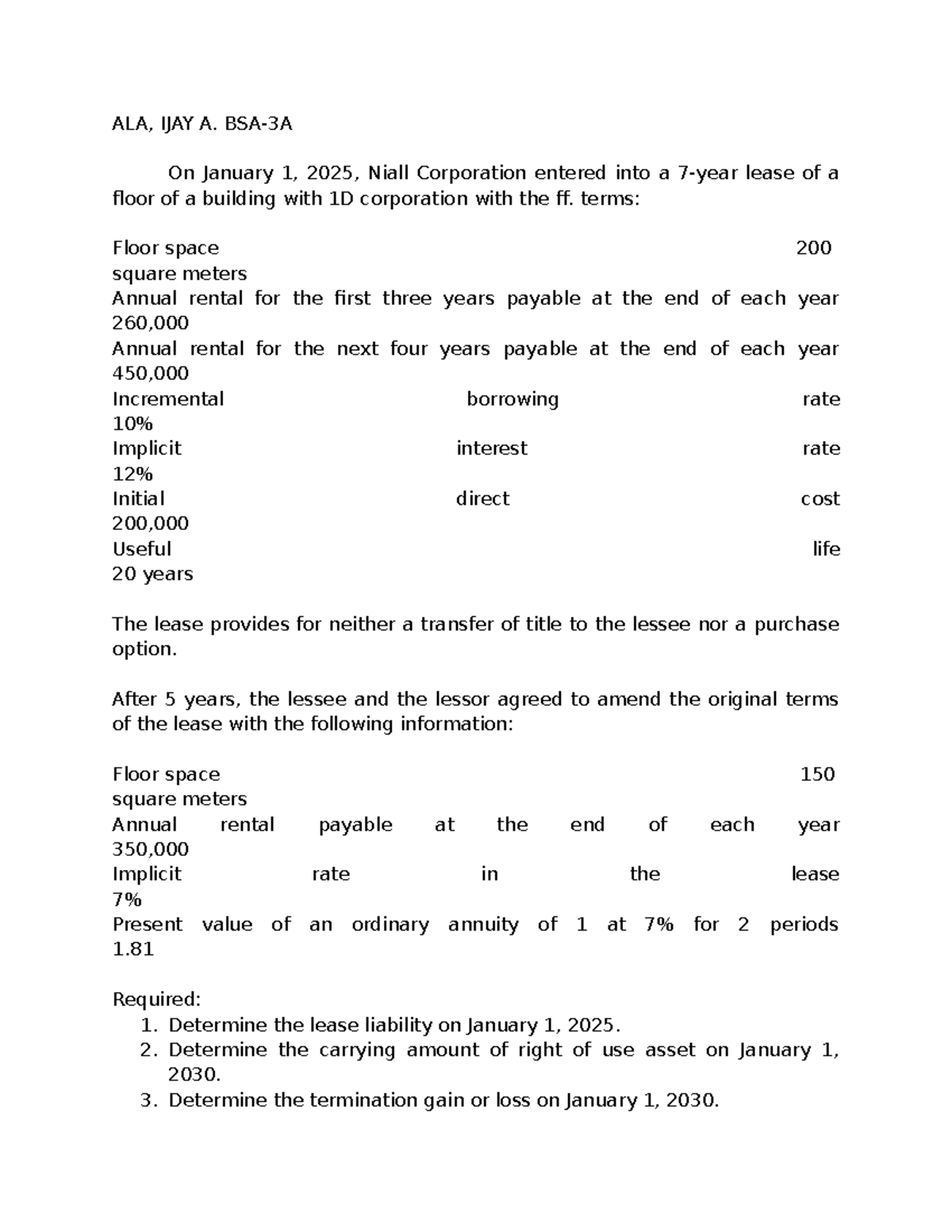 Intacc Activity Lease ALA 3A: Niall Corp Lease Analysis and ...