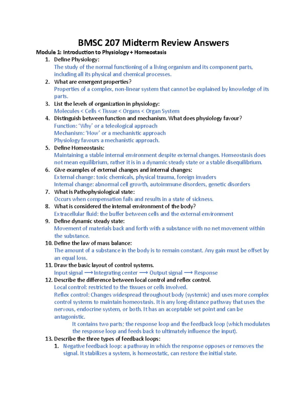 BMSC 207 Midterm Exam Review: Key Concepts in Physiology - Studocu