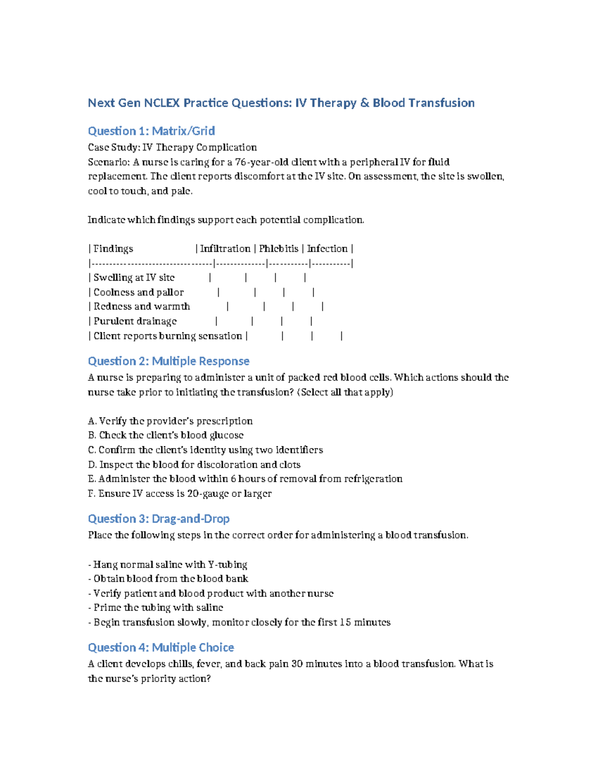 NCLEX IV Therapy & Blood Transfusion Practice Questions - Studocu