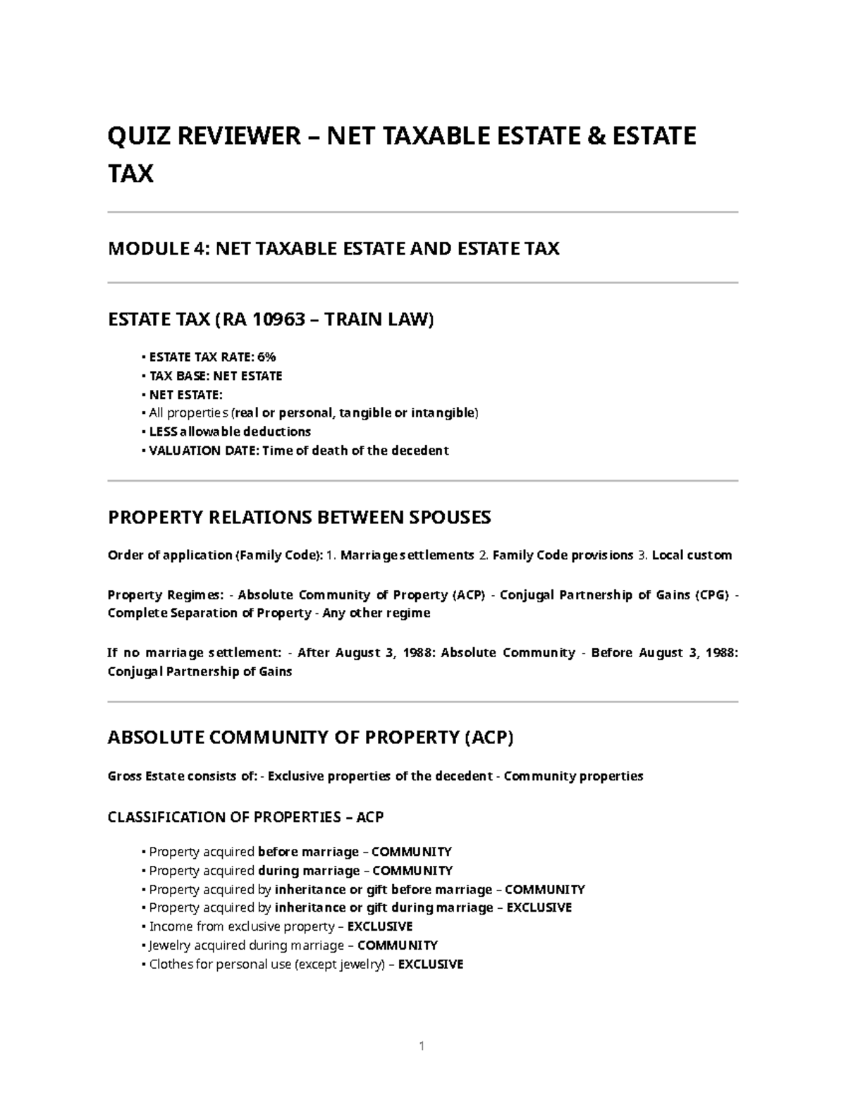 QUIZ REVIEWER: NET TAXABLE ESTATE & ESTATE TAX (MODULE 4) - Studocu