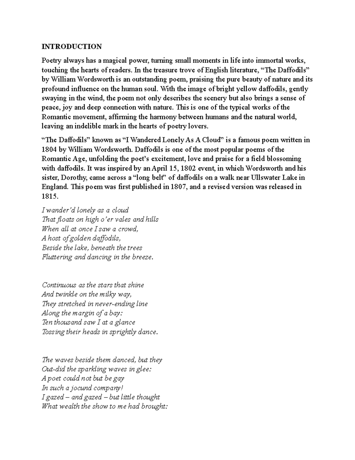 Daffodils - Summary and Analysis of Wordsworth's Poem - Studocu
