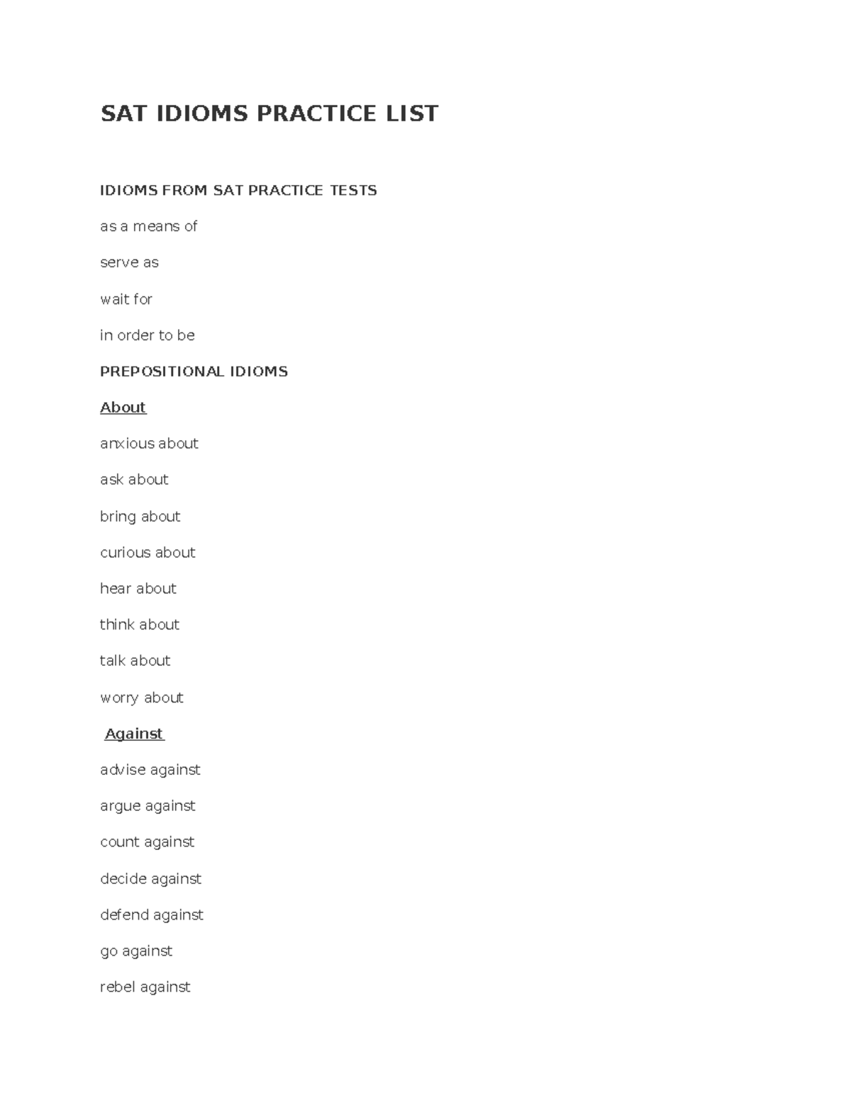 SAT Idioms Practice List: Key Prepositional Idioms & Exercises - Studocu
